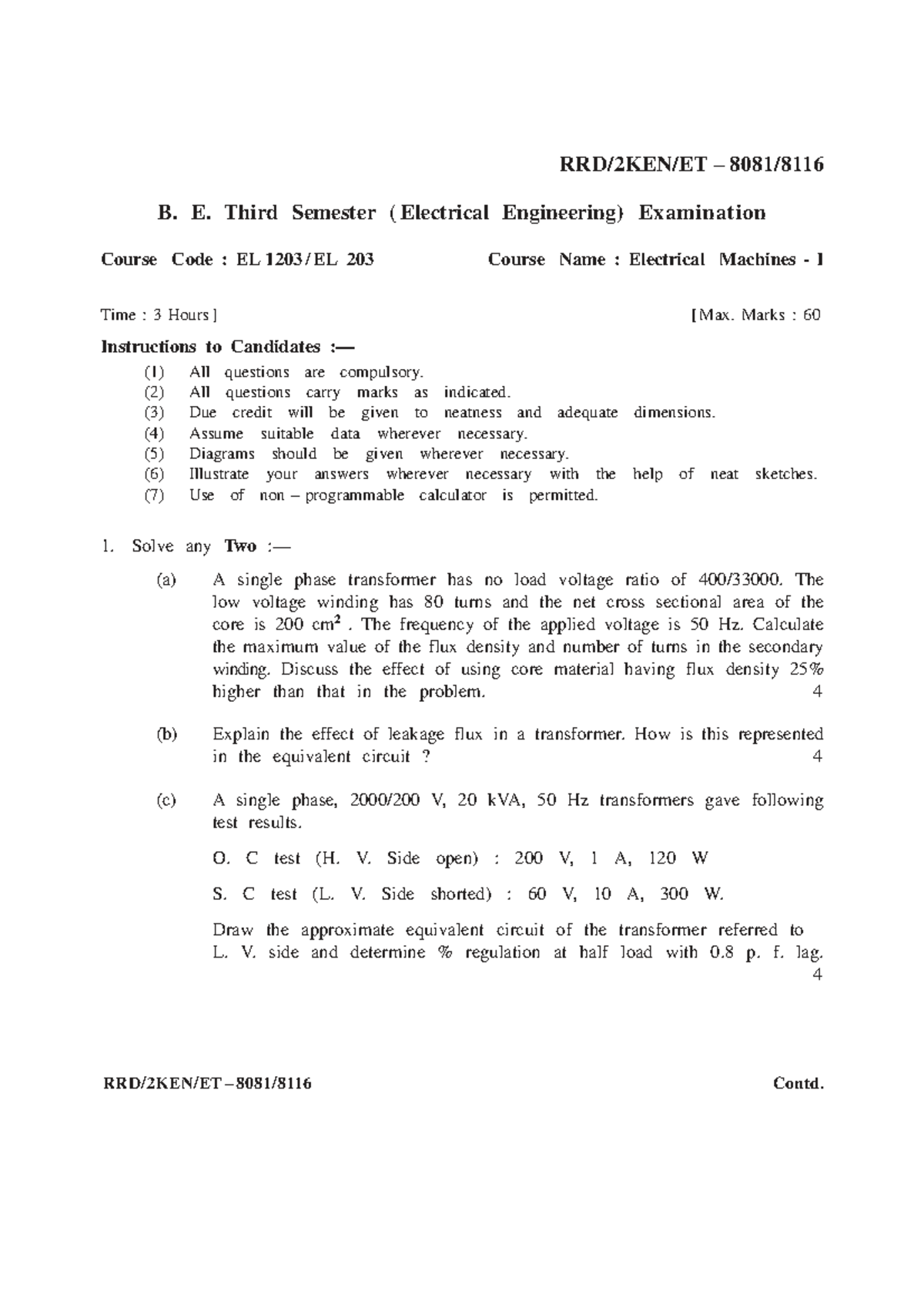 EL 1203 - Electrical Machines I Final Exam Questions and Solutions ...