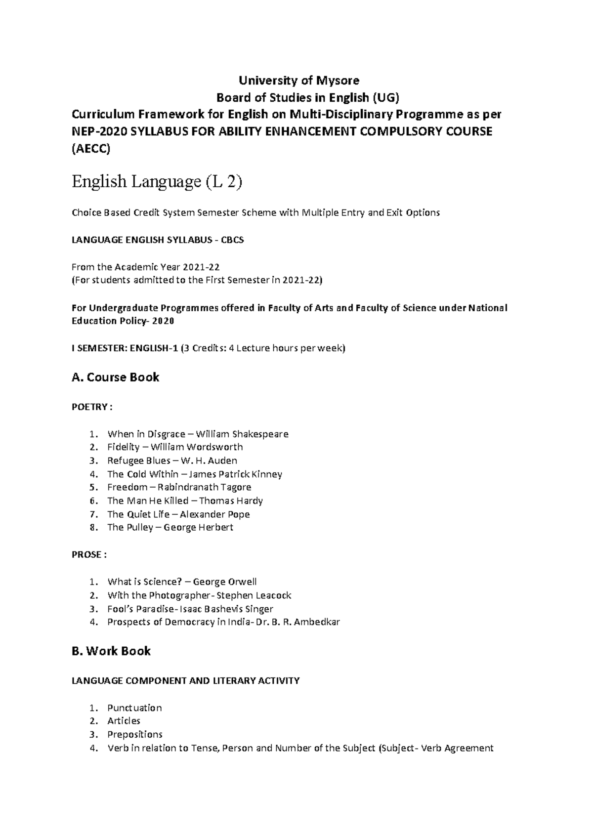 BCA-ENG 1st Sem Syllabus - NEP-2020 Curriculum Overview - Studocu