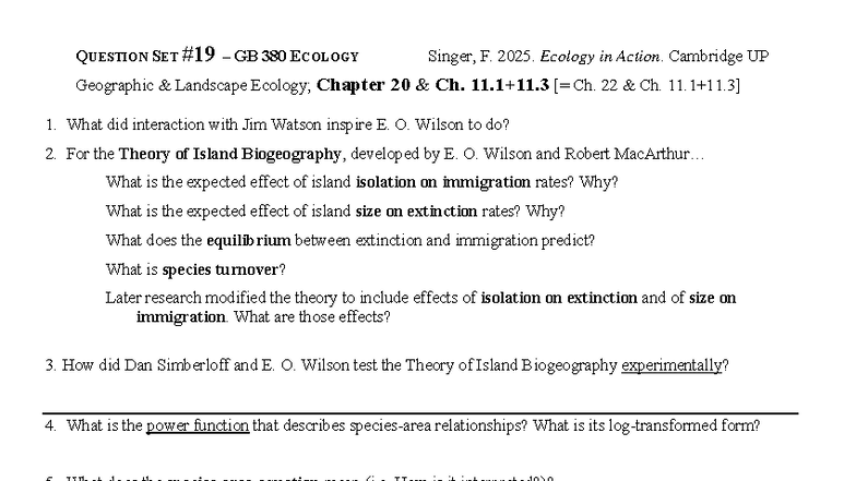 Question Set #19 for GB 380 Ecology: Insights on Island Biogeography ...