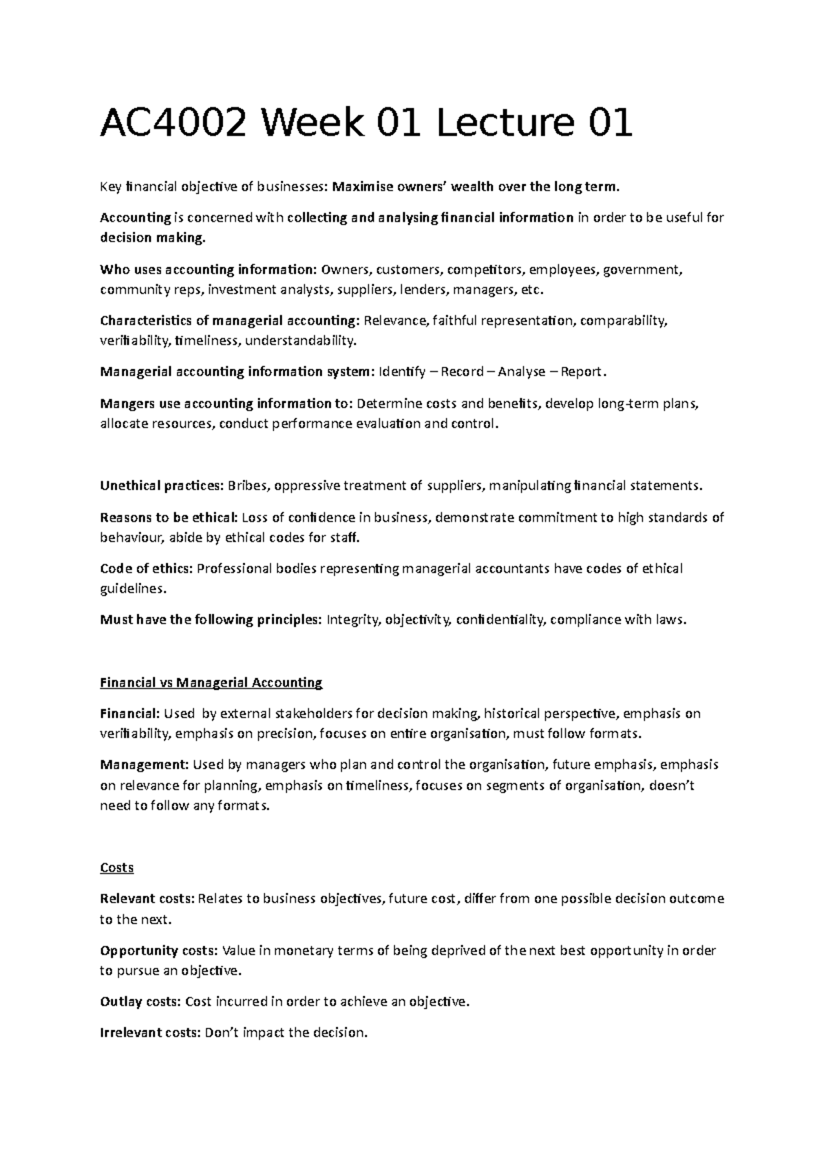 AC4002 Week 1-3 - notes - AC4002 Week 01 Lecture 01 Key financial ...