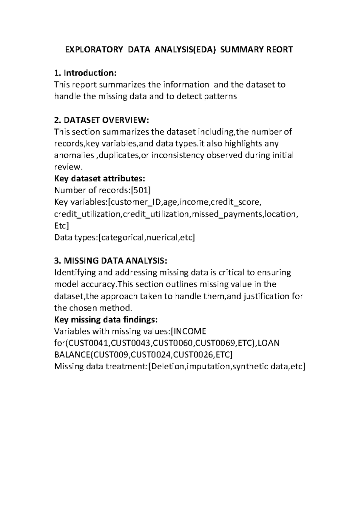 EDA Summary Report: Handling Missing Data & Patterns Analysis - Studocu