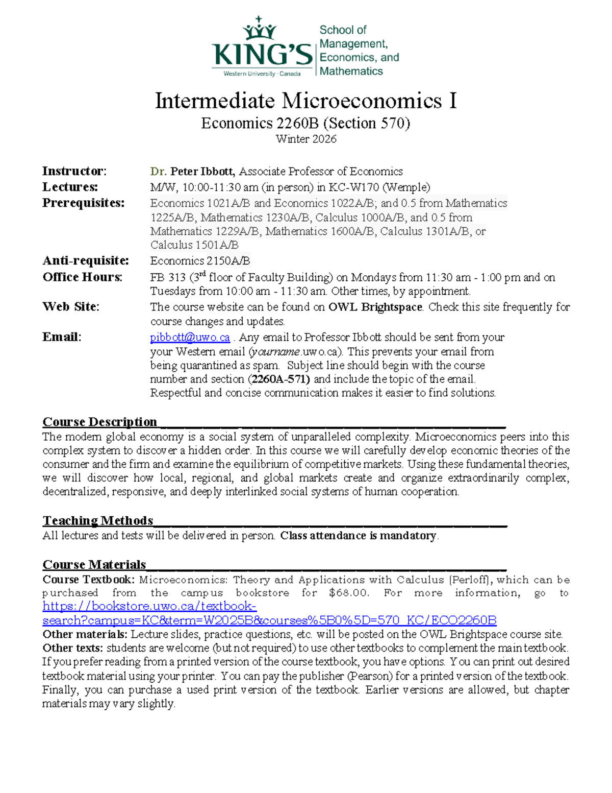 Intermediate Microeconomics I (Econ 2260B) Course Overview - Winter ...