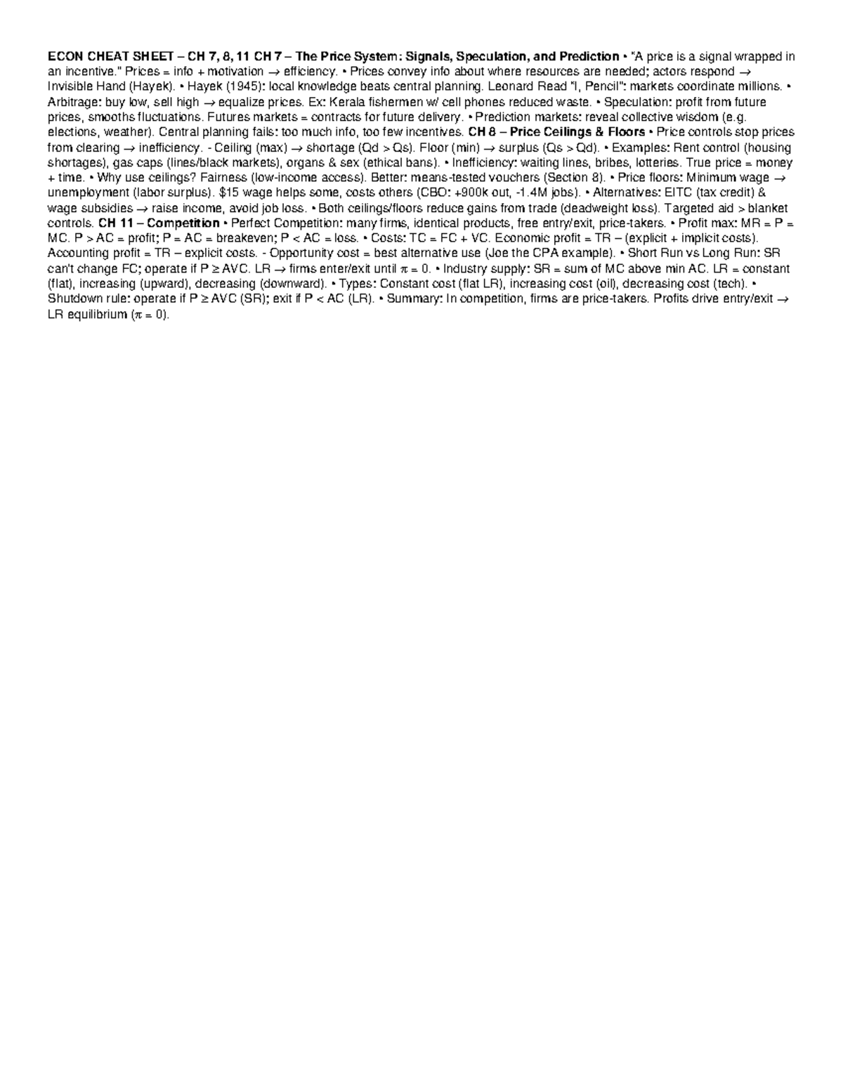 ECON 101 Cheat Sheet: Price System, Price Controls & Competition - Studocu