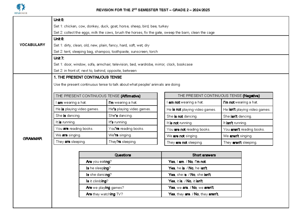 Grade 2 Revision FOR THE 2ND Semester TEST - REVISION FOR THE 2 ND ...