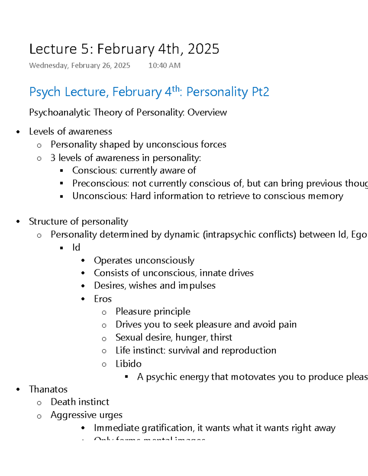Psych Lecture 5: Psychoanalytic Theory of Personality Overview - Psych ...