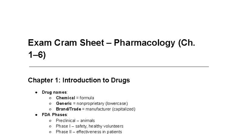 Pharmacology Exam Cram Sheet: Key Concepts & Drug Info - Studocu