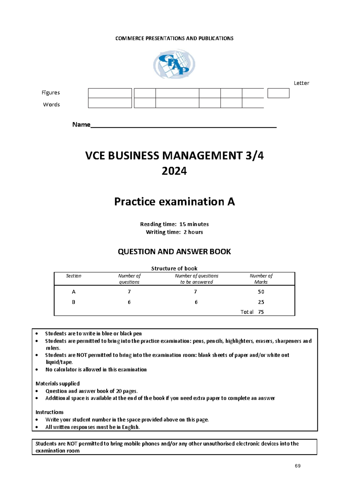 VCE BUSINESS MANAGEMENT 3/2024 Practice Exam A: Detailed Questions ...