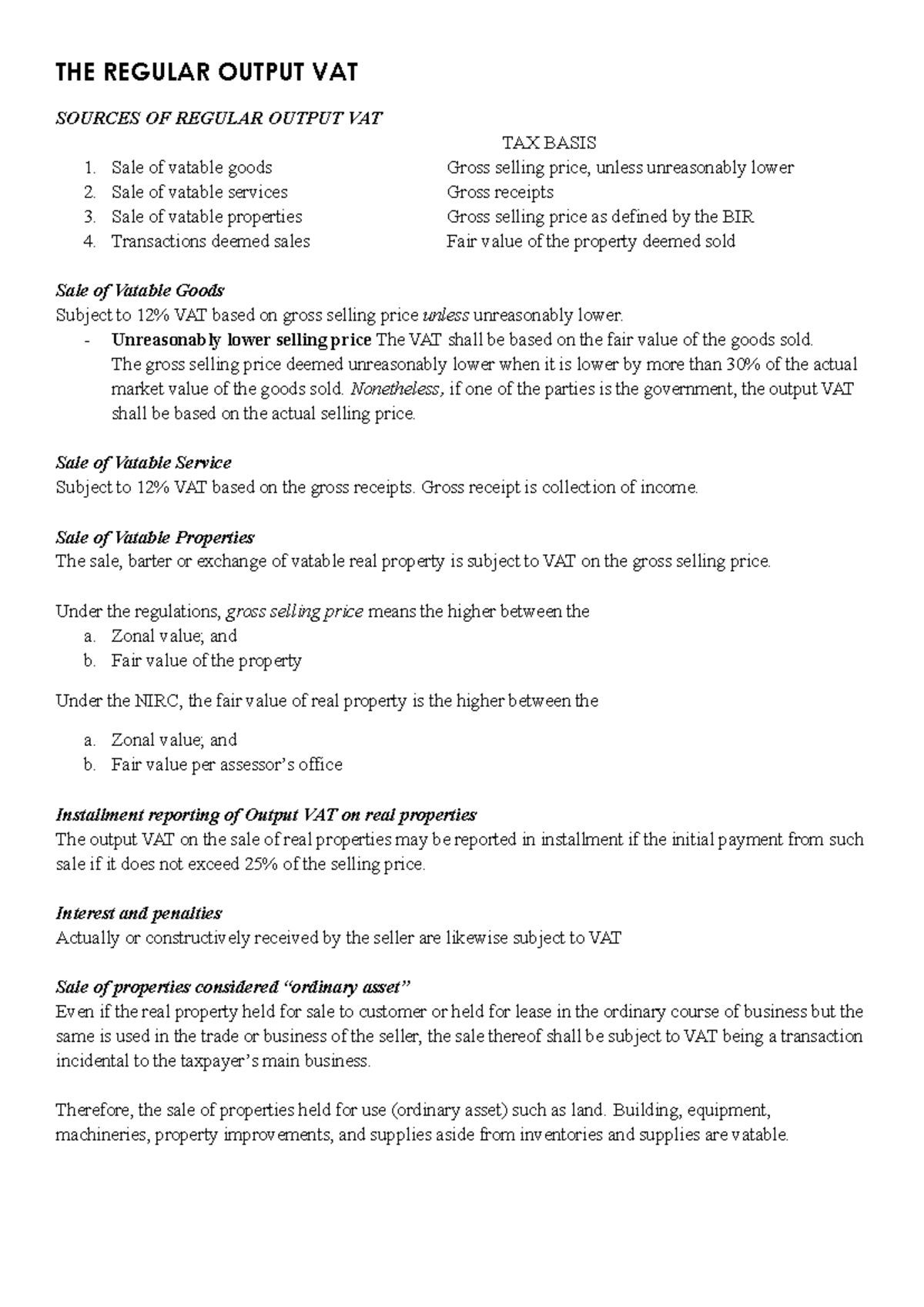 Regular Output VAT Overview and Key Tax Aspects - Studocu
