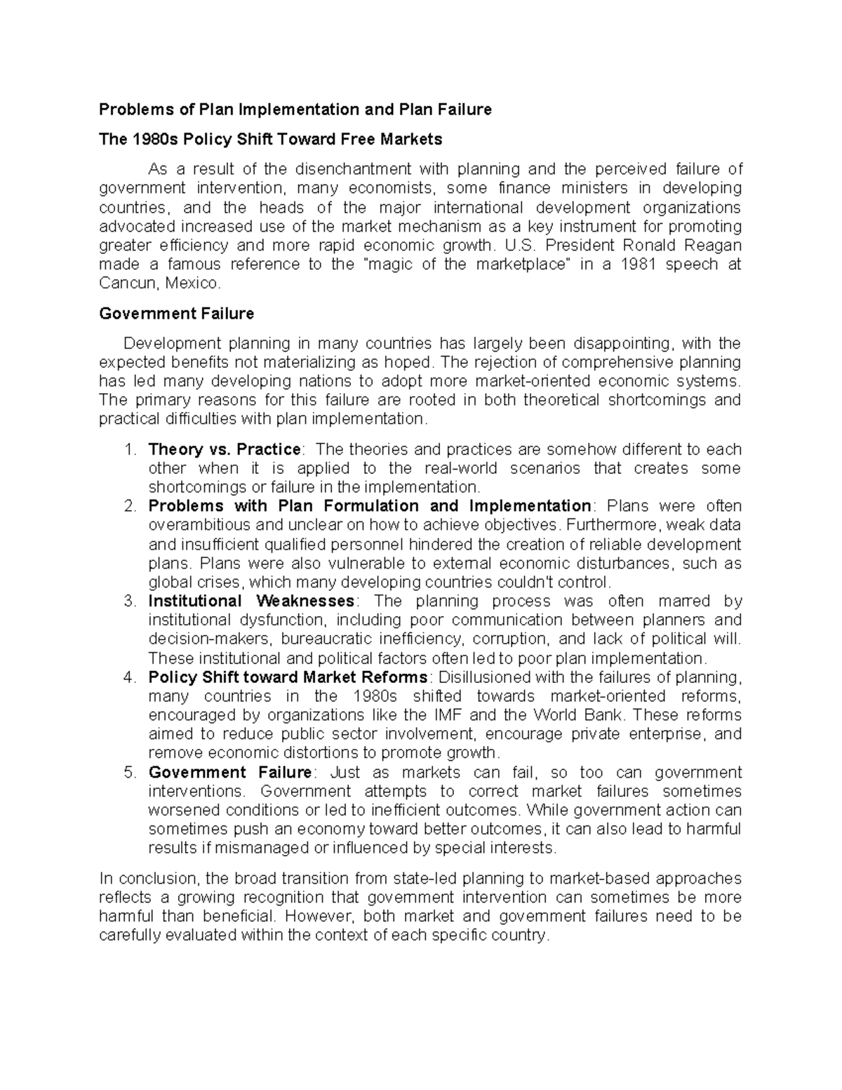 Plan Implementation Failures: Insights from 1980s Market Shifts - Studocu