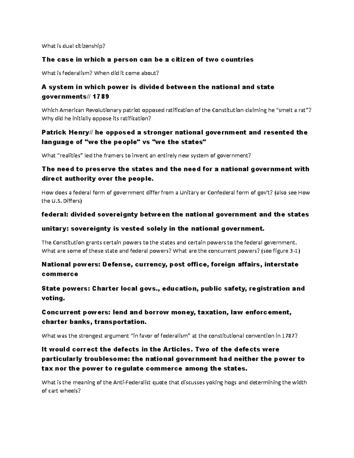 American Govt Study Guide: Key Concepts in Federalism and Citizenship ...
