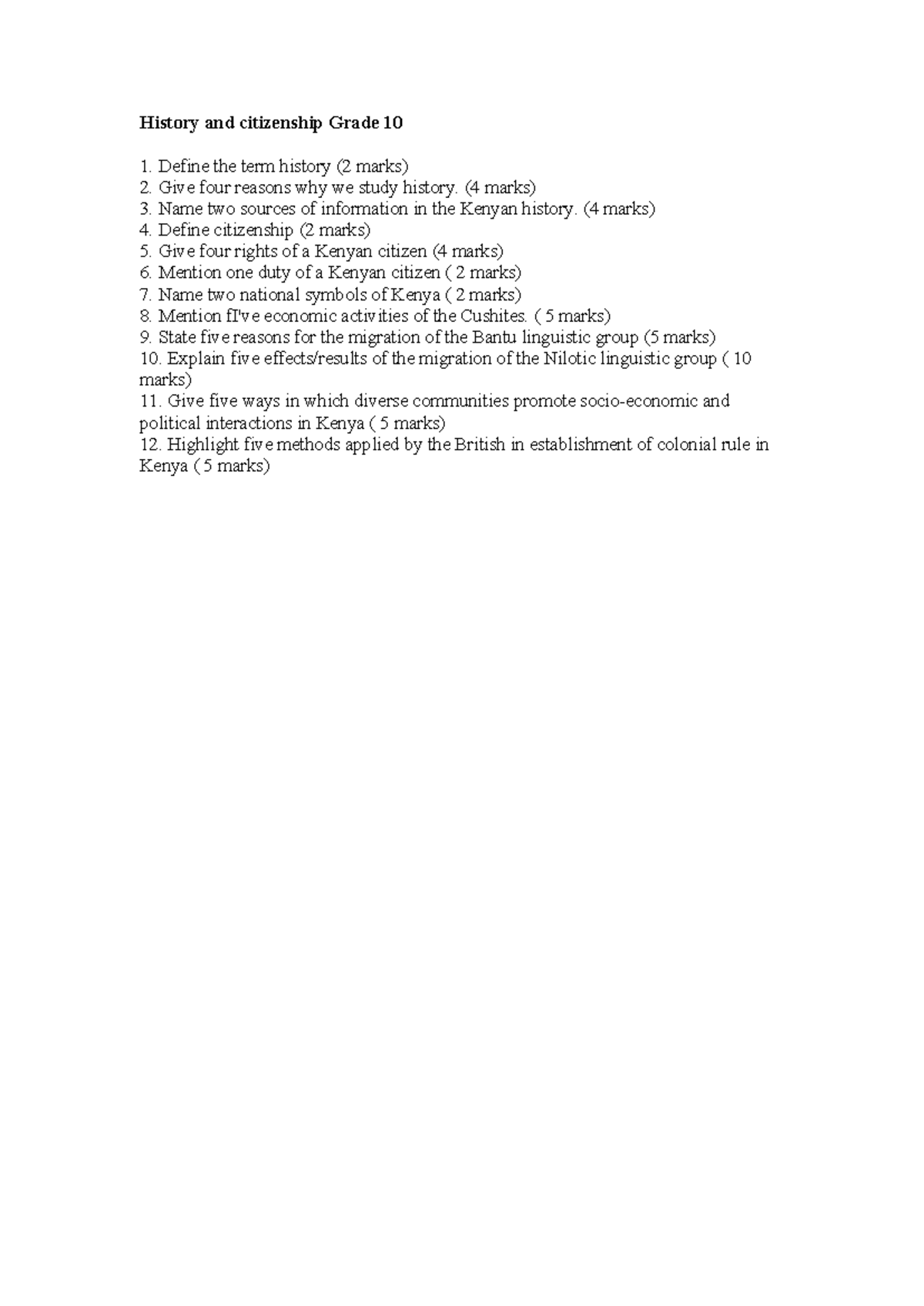History and Citizenship Notes for Grade 10 Exam - Studocu