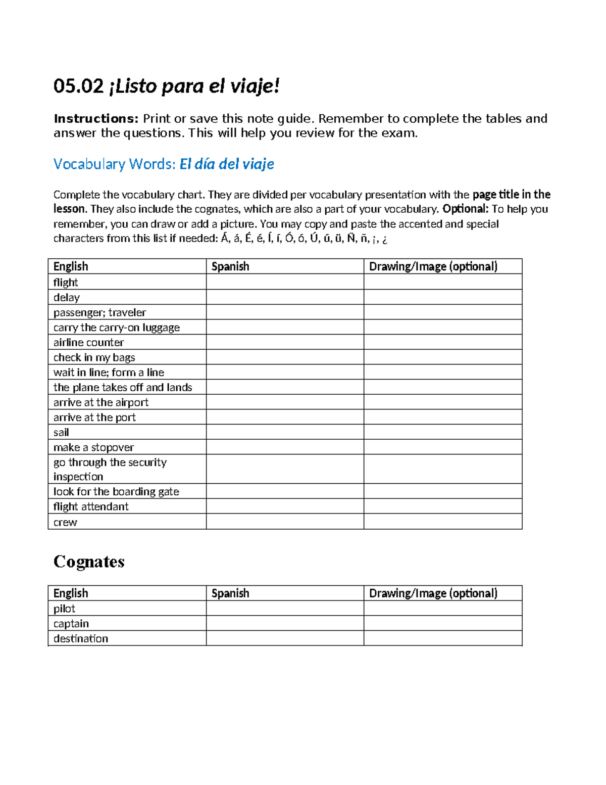 05 02 ¡Listo para el viaje! - Vocabulary and Grammar Notes - Studocu
