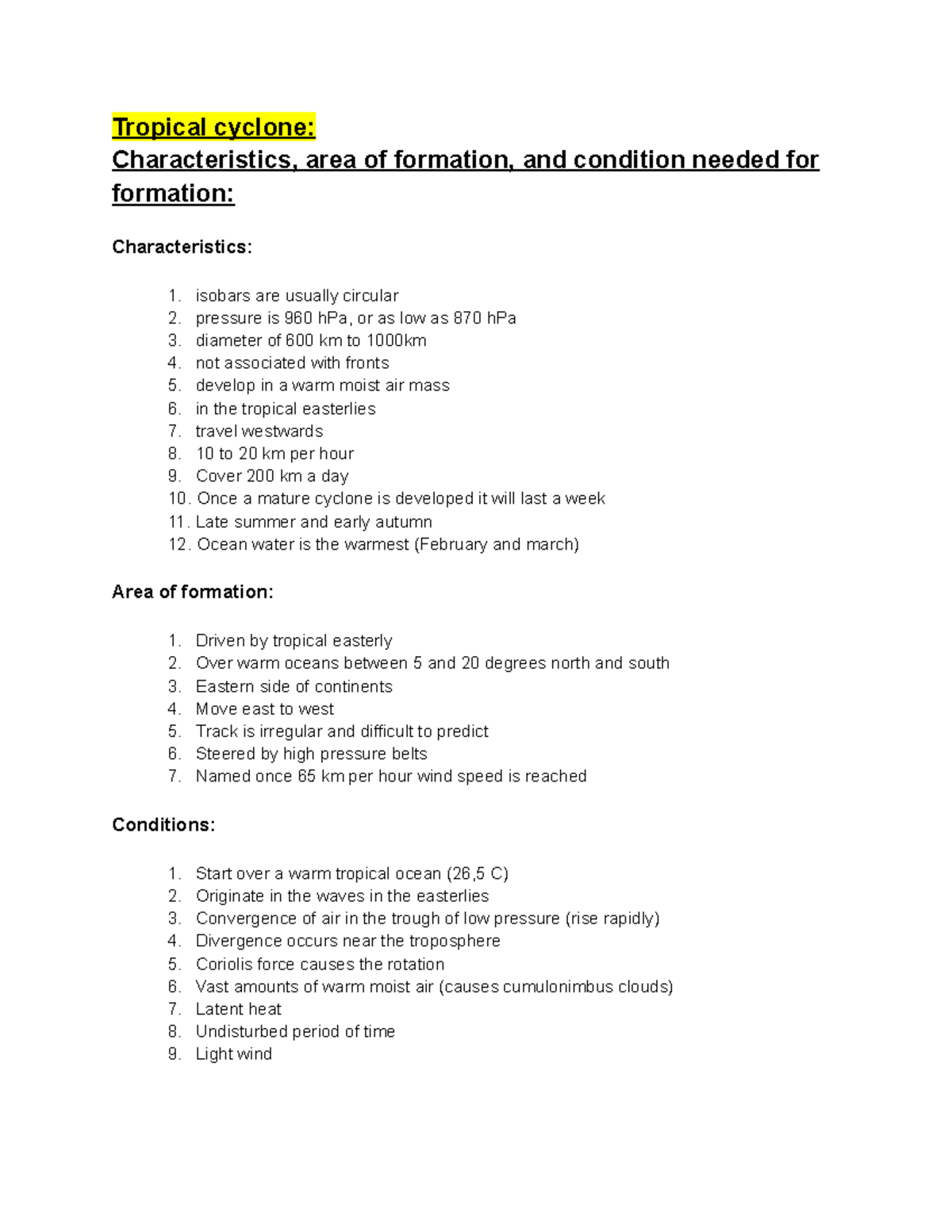Characteristics and Formation of Tropical Cyclones: A Study Guide - Studocu