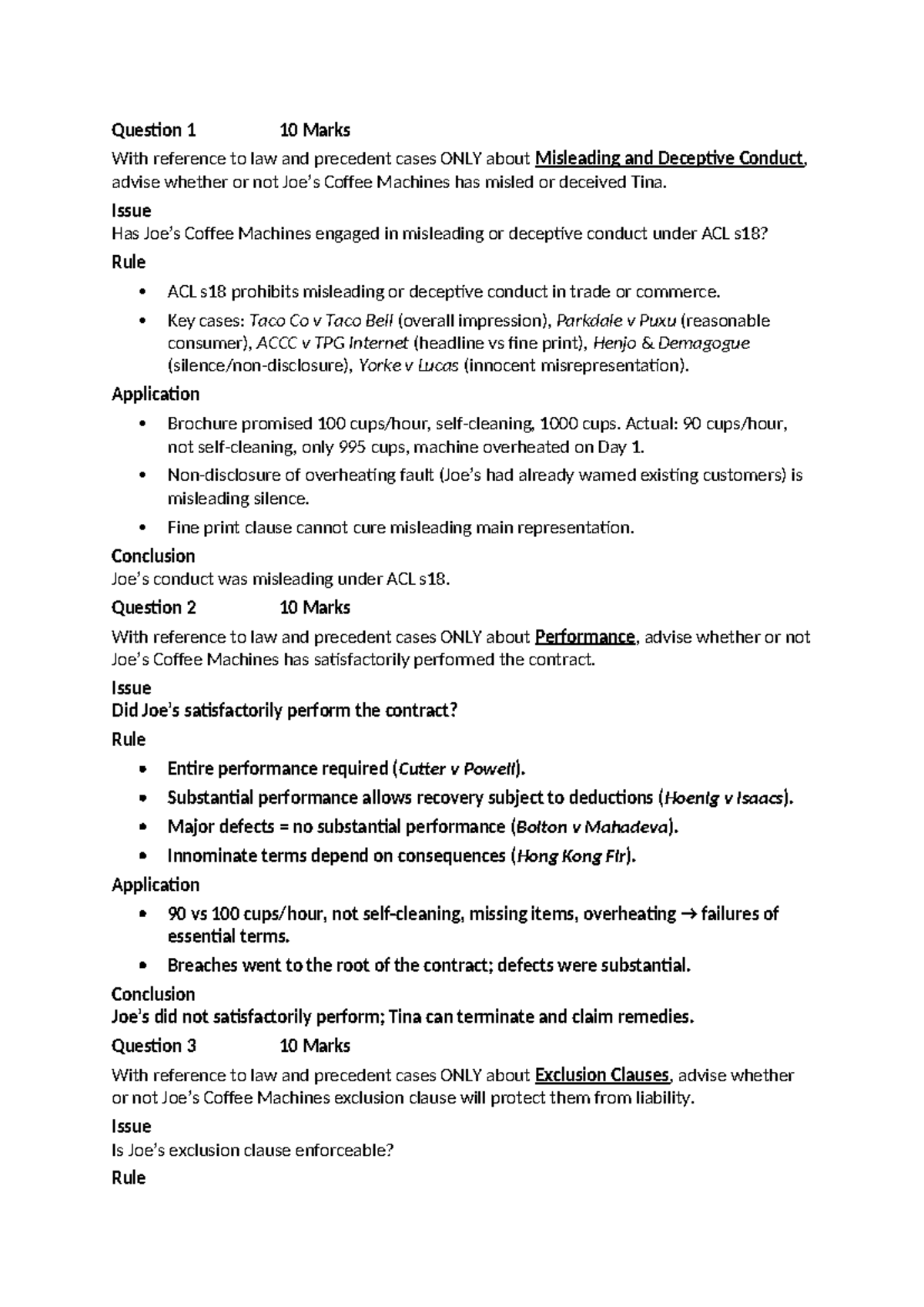B1 - Final Exam Notes on Misleading Conduct, Performance, Exclusion ...