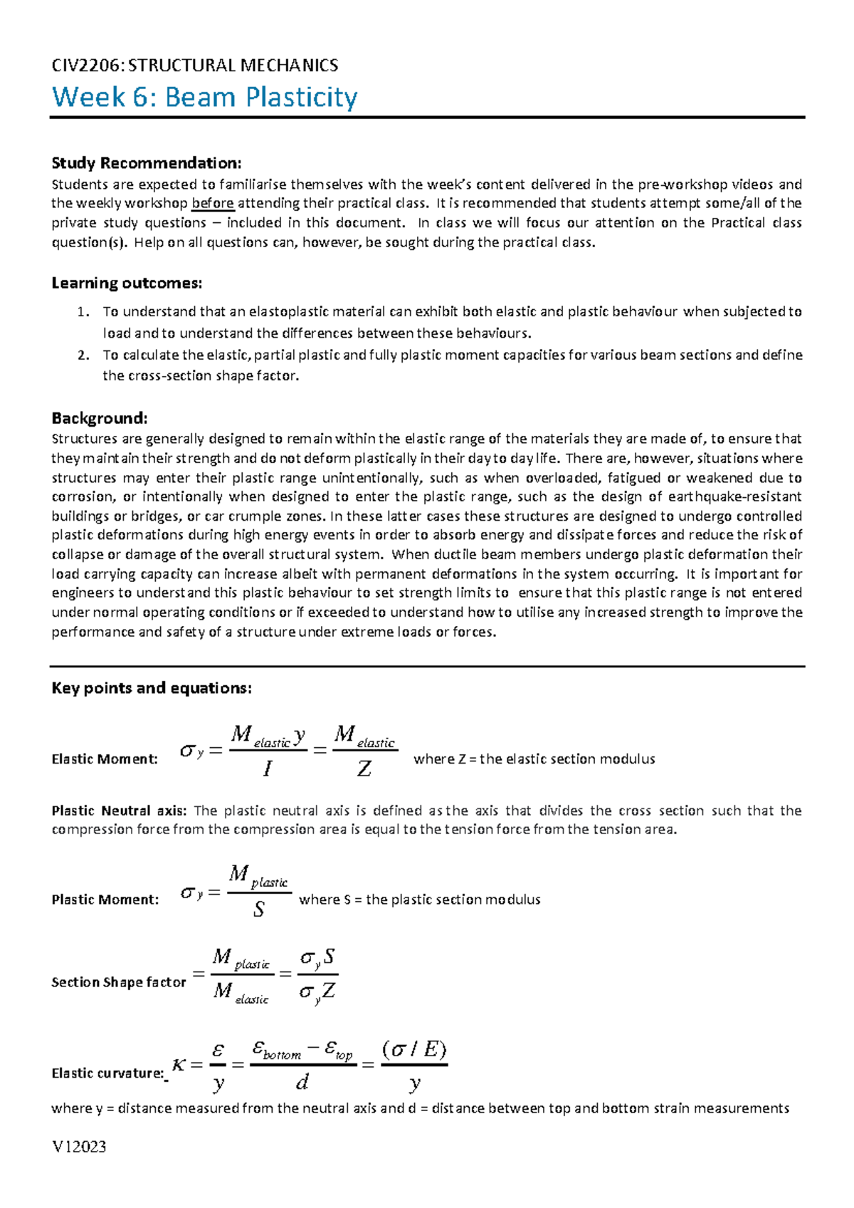 CIV2206: Structural Mechanics Week 6 - Beam Plasticity Questions - Studocu