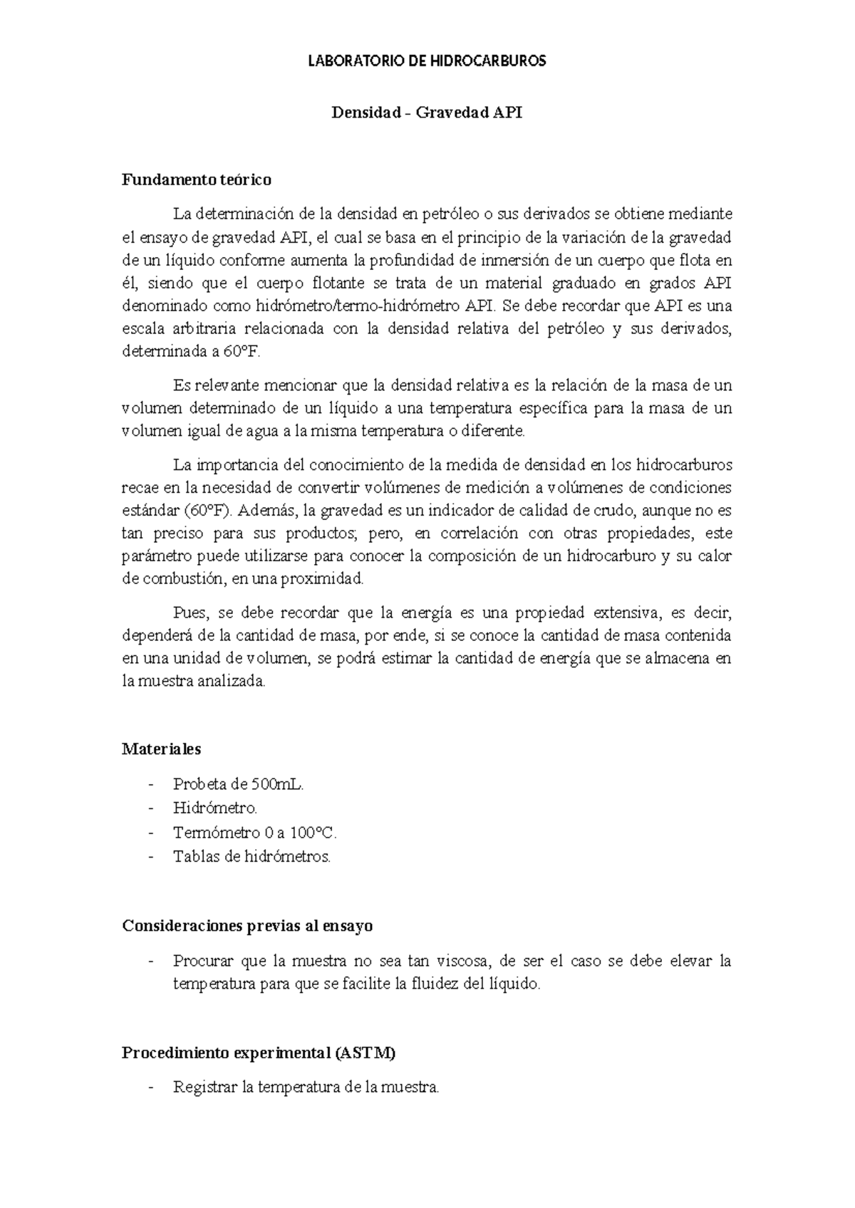 Densidad y Gravedad API en Hidrocarburos - Laboratorio de Prácticas ...