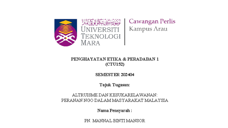ALTRUISME DAN PERANAN NGO DALAM MASYARAKAT MALAYSIA (CTU152) - Studocu