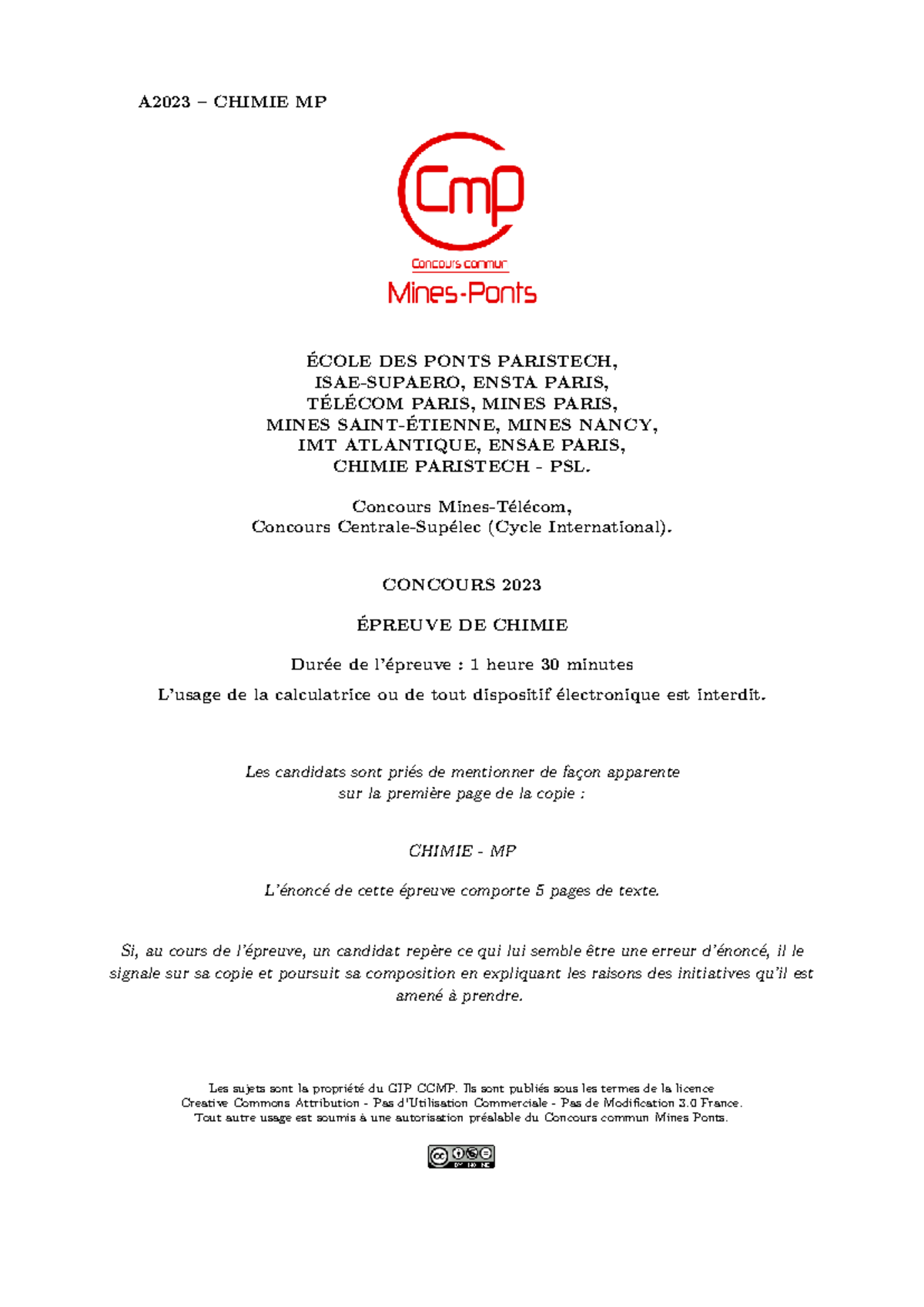 Concours 2023 Épreuve de Chimie MP - Complexe CrO5 - Studocu