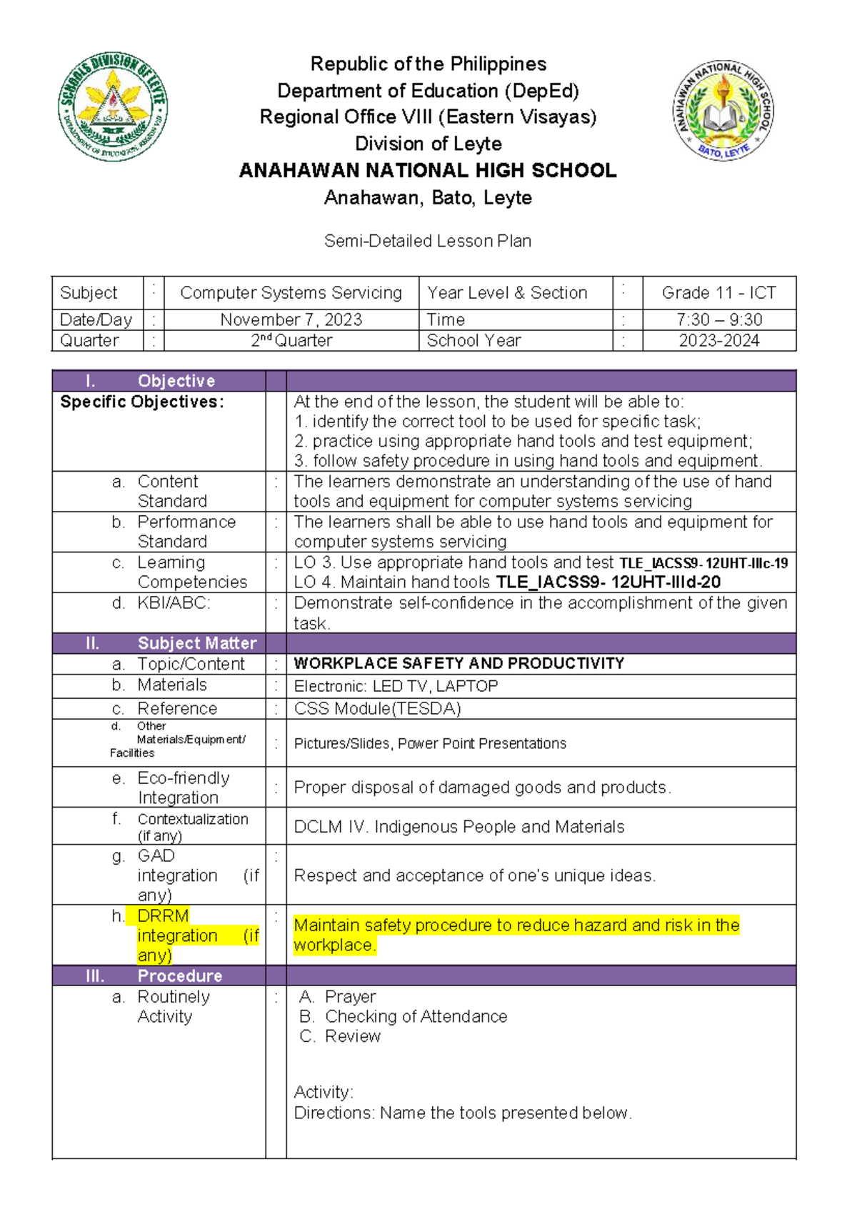 Grade 11 ICT Lesson Plan: Workplace Safety & Productivity (CSS) - Studocu