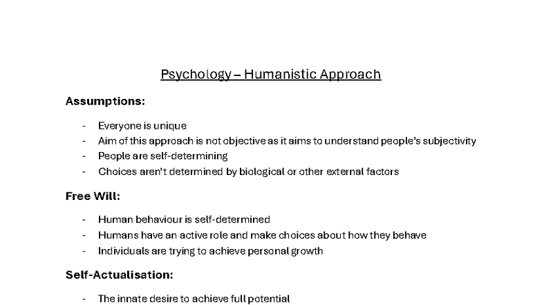 Psychology 101: Humanistic Approach and Its Key Assumptions - Studocu