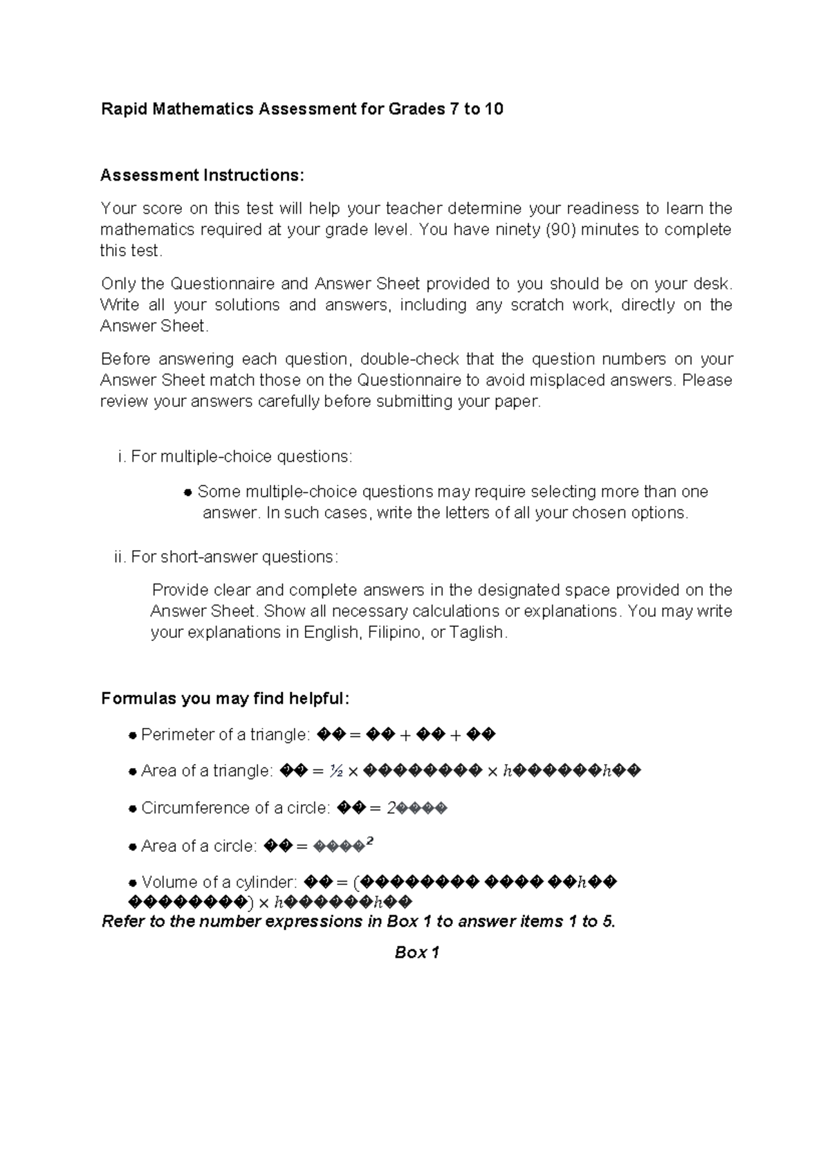 Rapid Mathematics Assessment G7-G10: Test Instructions & Guidelines ...