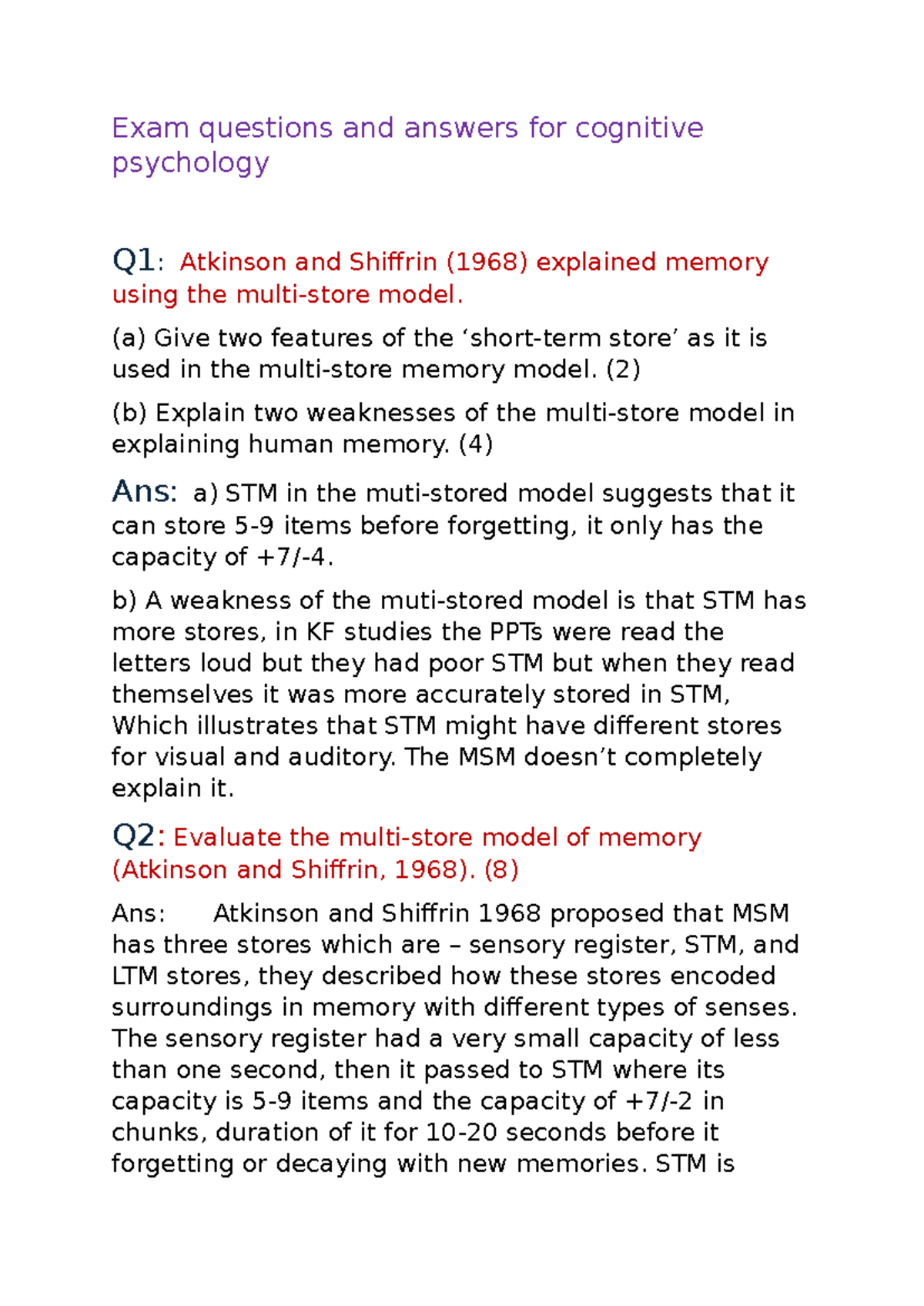Cognitive Psychology Exam Q&A: Understanding Memory Models (PSY 101 ...