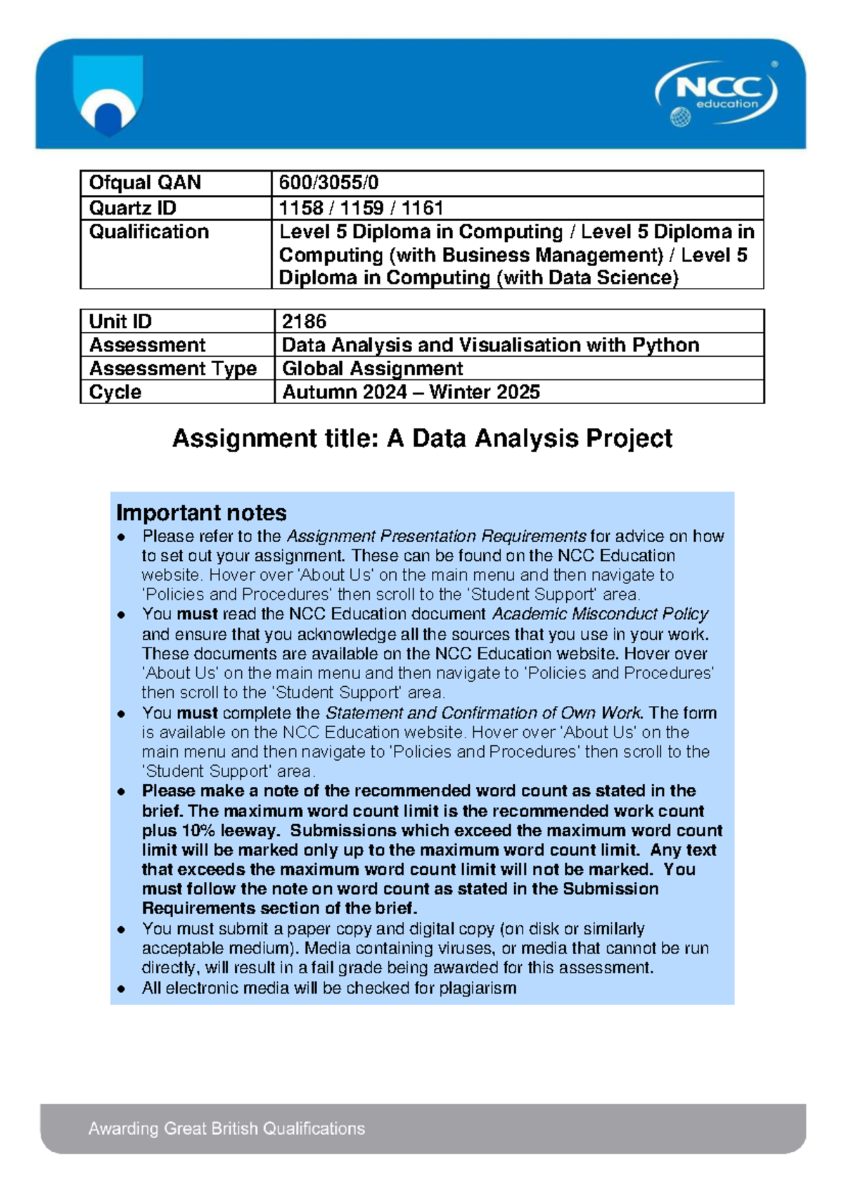 Data Analysis Project for Level 5 Diploma in Computing (QAN 1158) - Studocu
