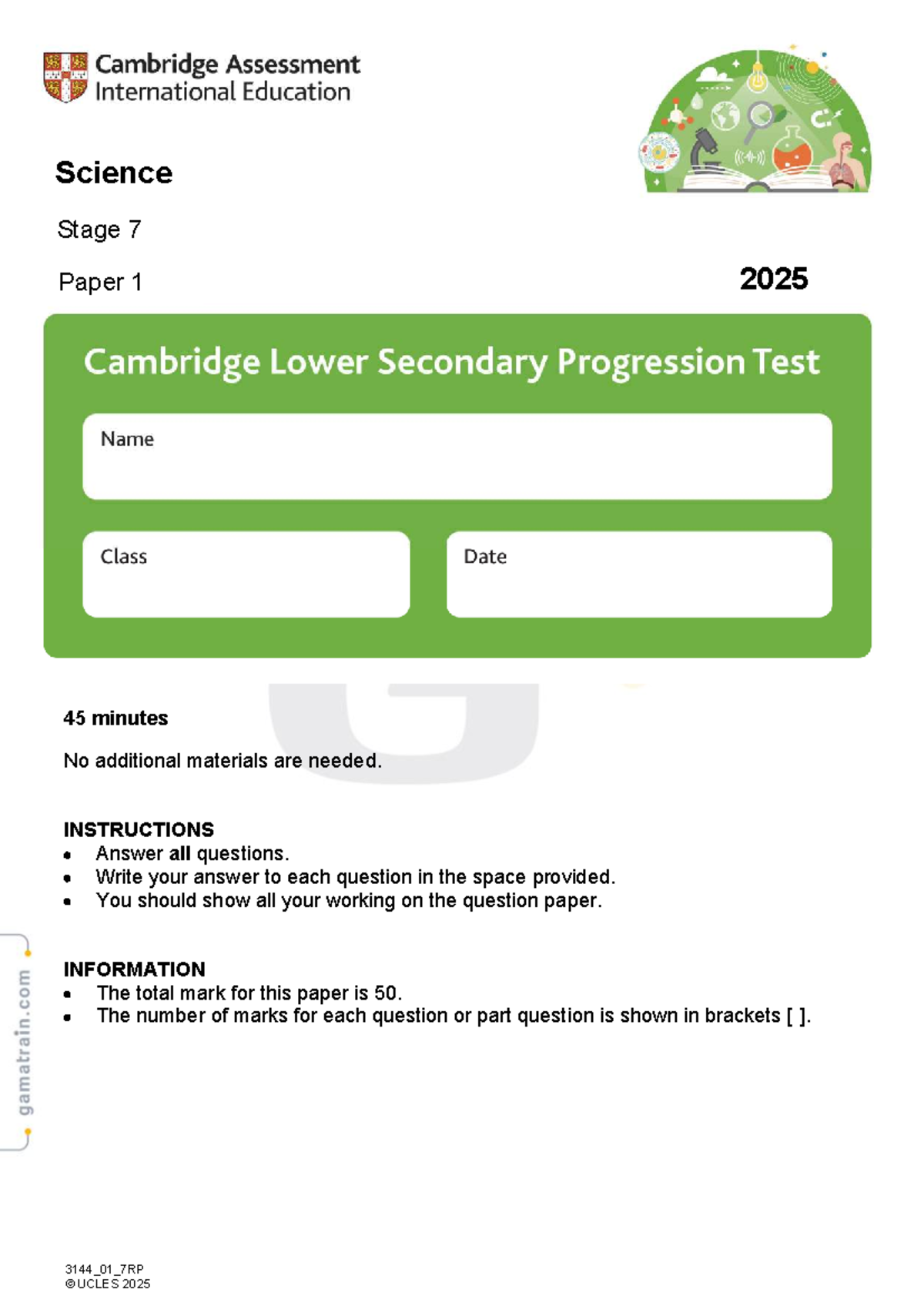 Science Stage 7 Progression Test Paper 1 2025 - Studocu