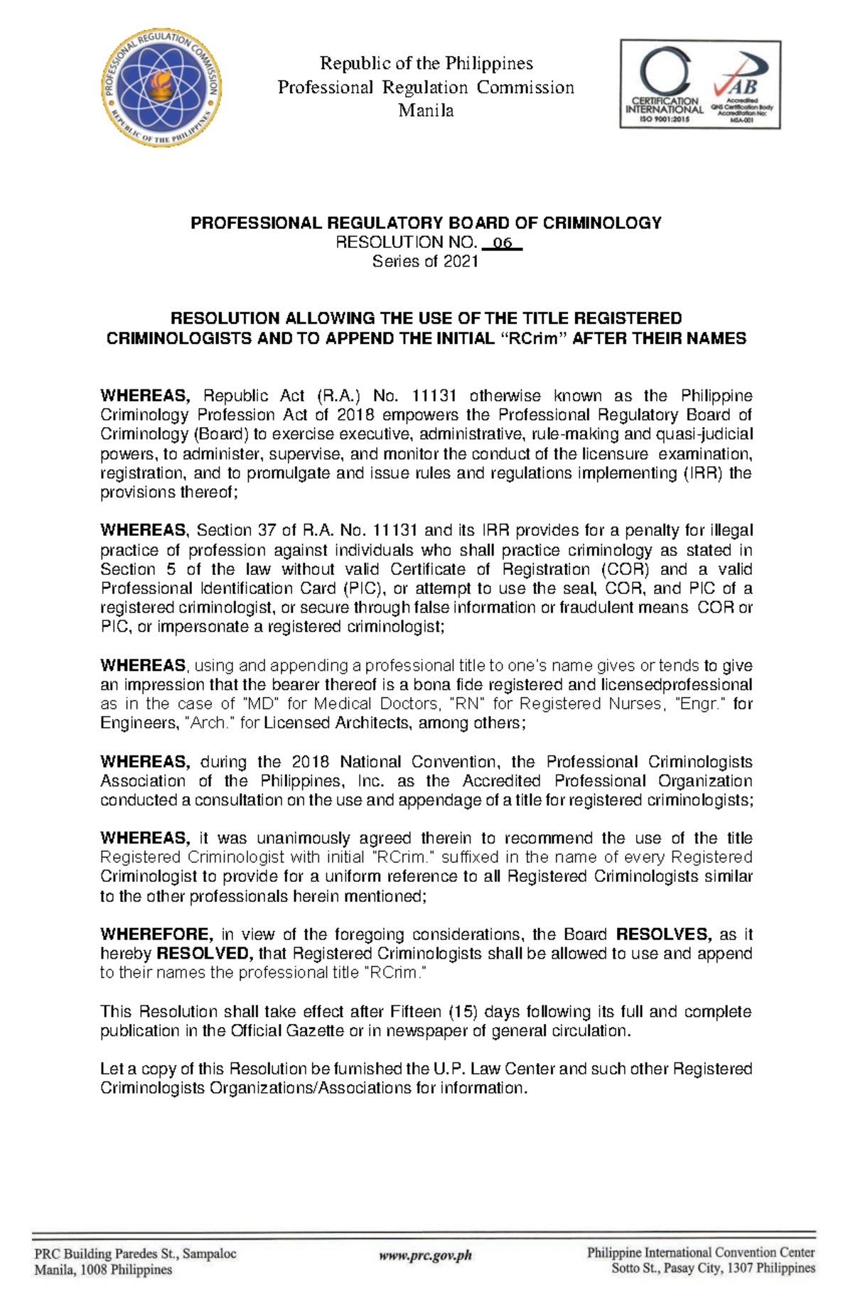 2021-06 Resolution: Use of "RCrim" for Registered Criminologists - Studocu