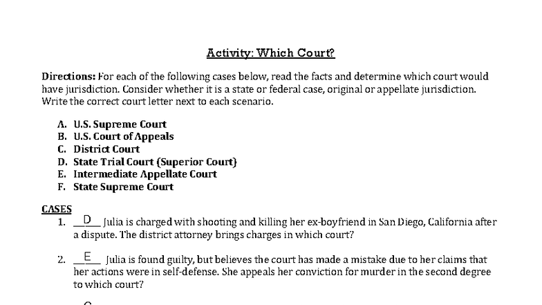 Activity: Which Court? Jurisdiction Analysis for Legal Cases - Studocu