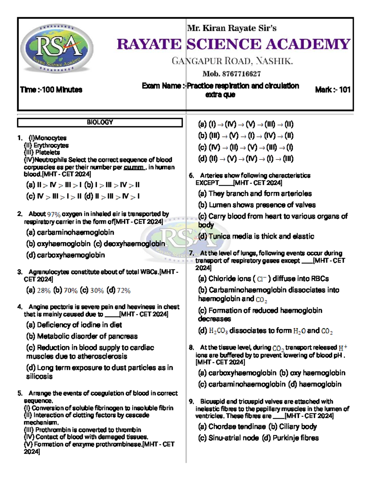 Practice Questions on Circulation - BIOLOGY 1 - Studocu