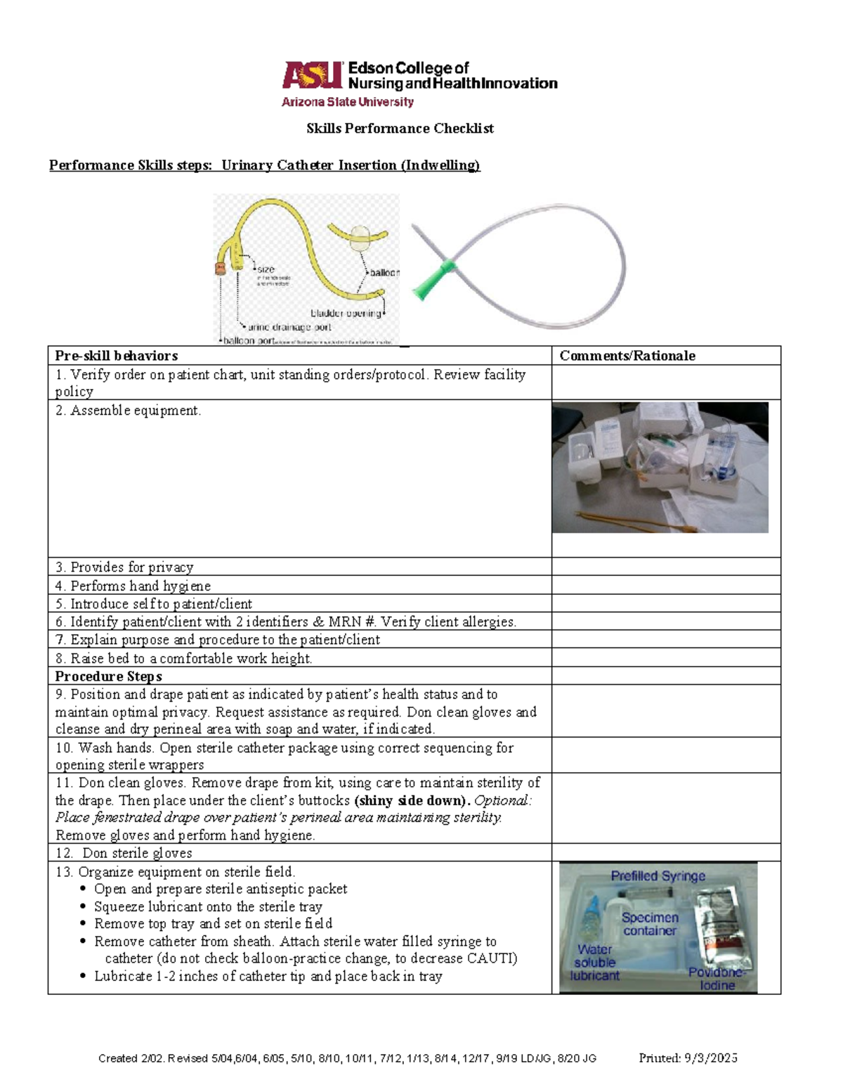 Performance Skills Checklist: Indwelling Urinary Catheterization Steps ...