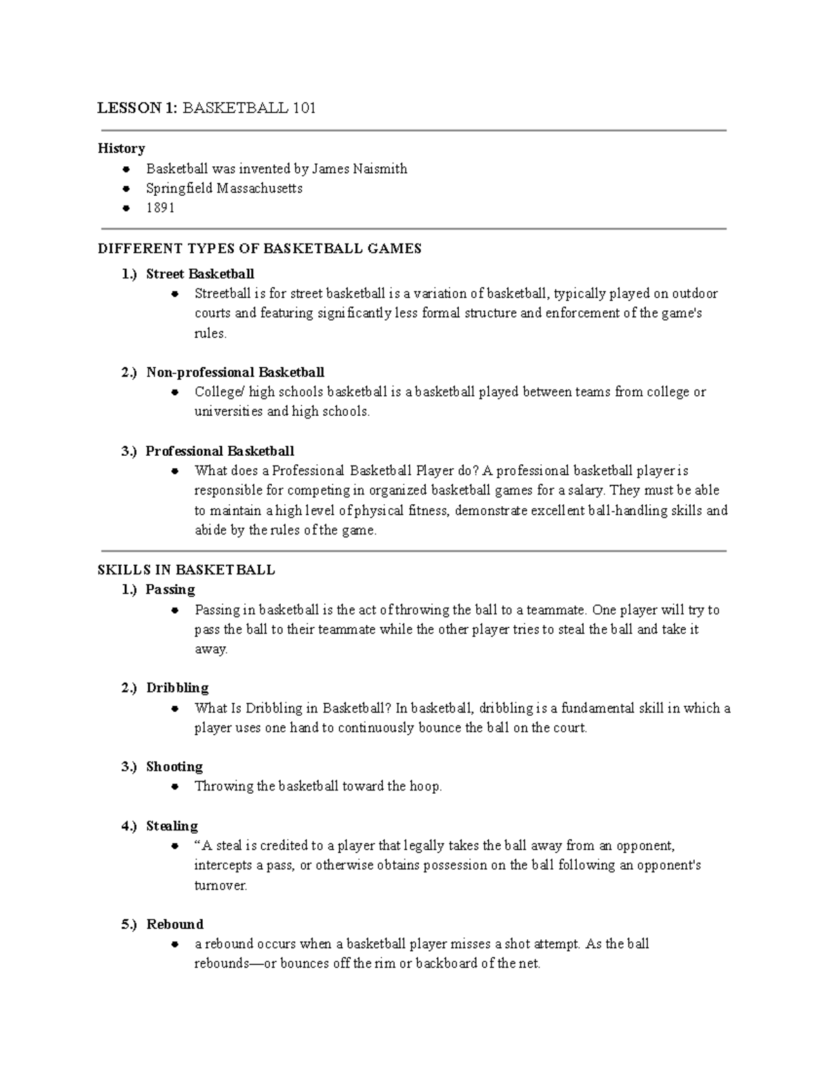 LESSON 1: BASKETBALL 101 - History, Types, and Skills - Studocu