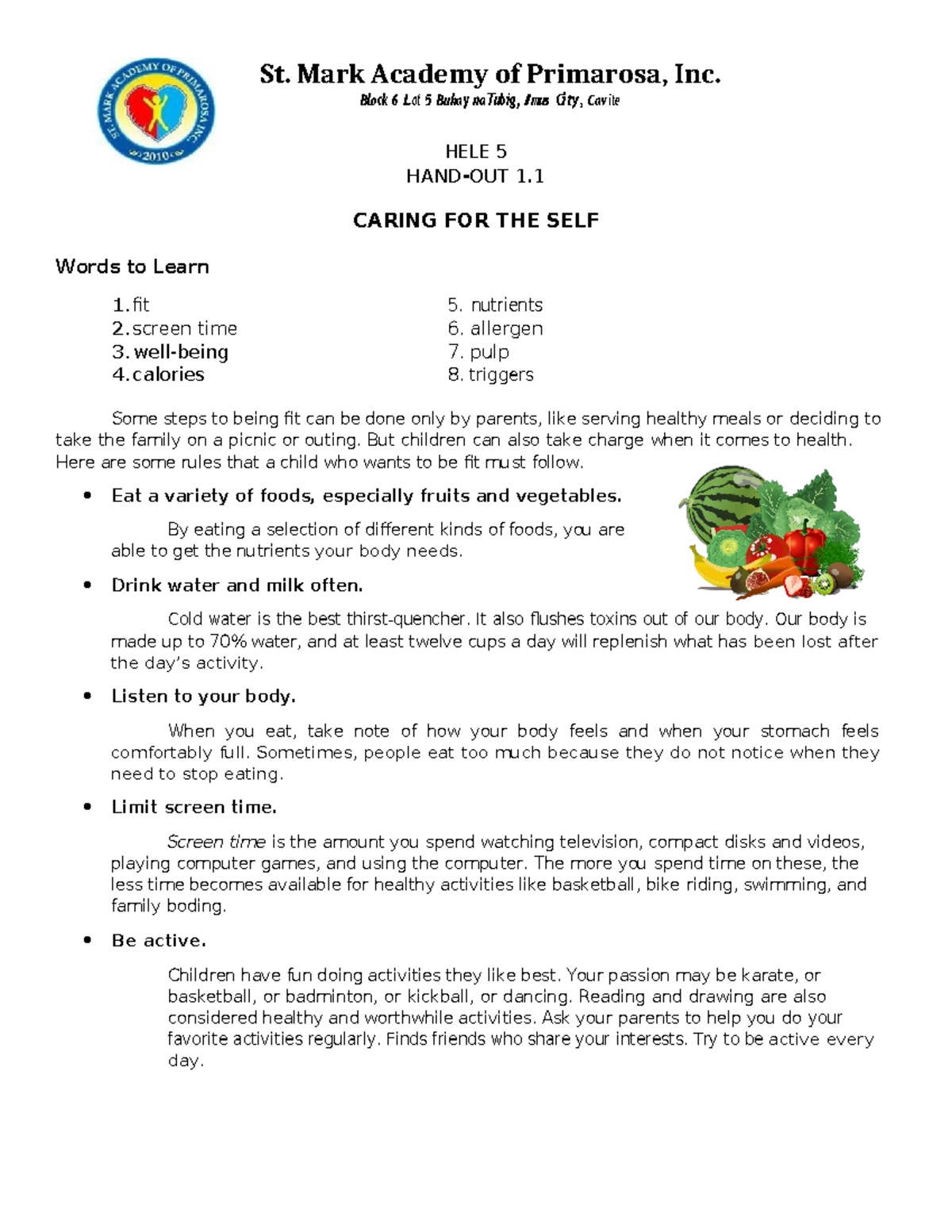 HELE 5 1.1 Handouts - just a docs - Words to Learn St. Mark Academy of ...