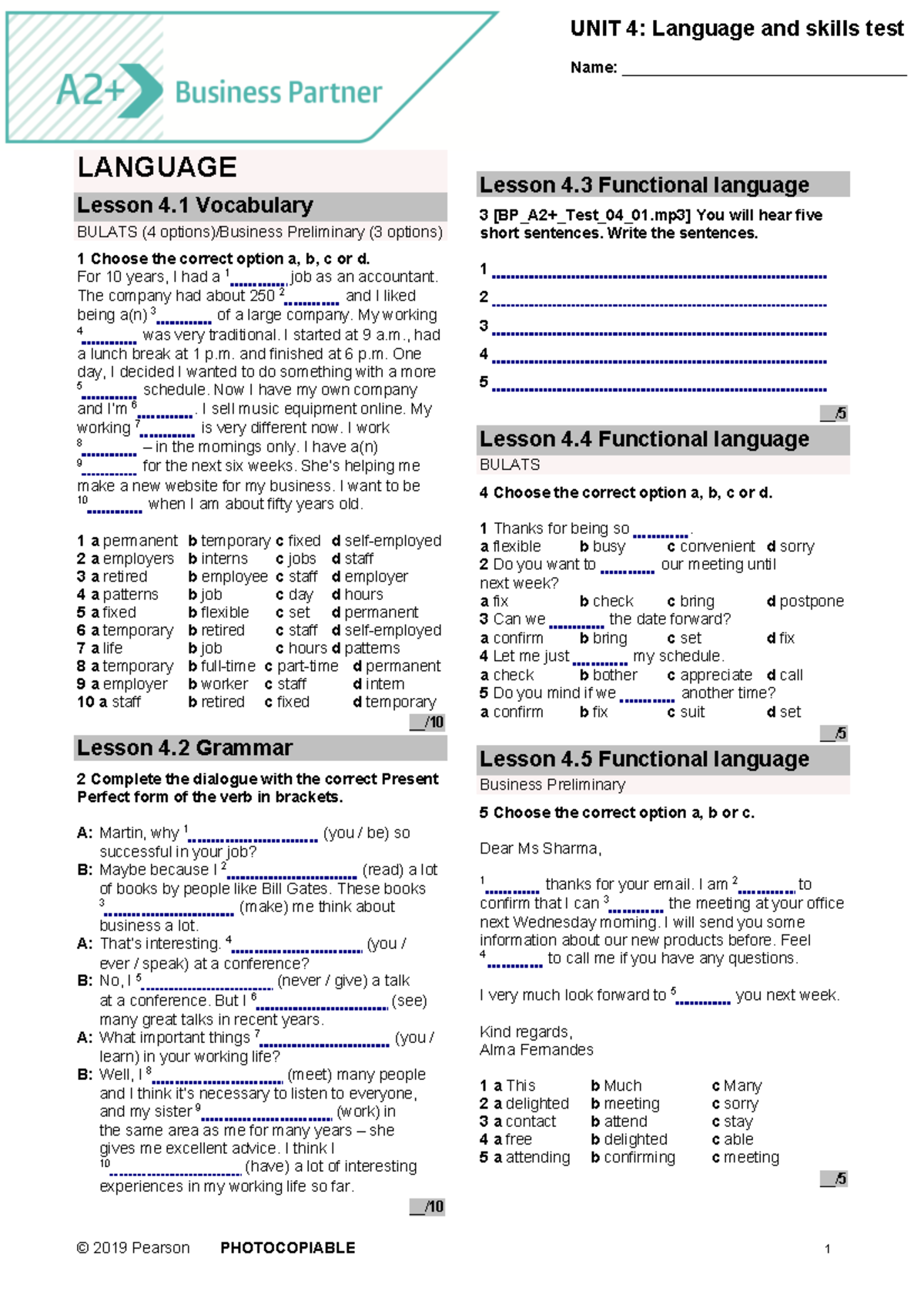BP A2+ Tests Unit 4: Language & Skills Review for Preliminary Exam ...