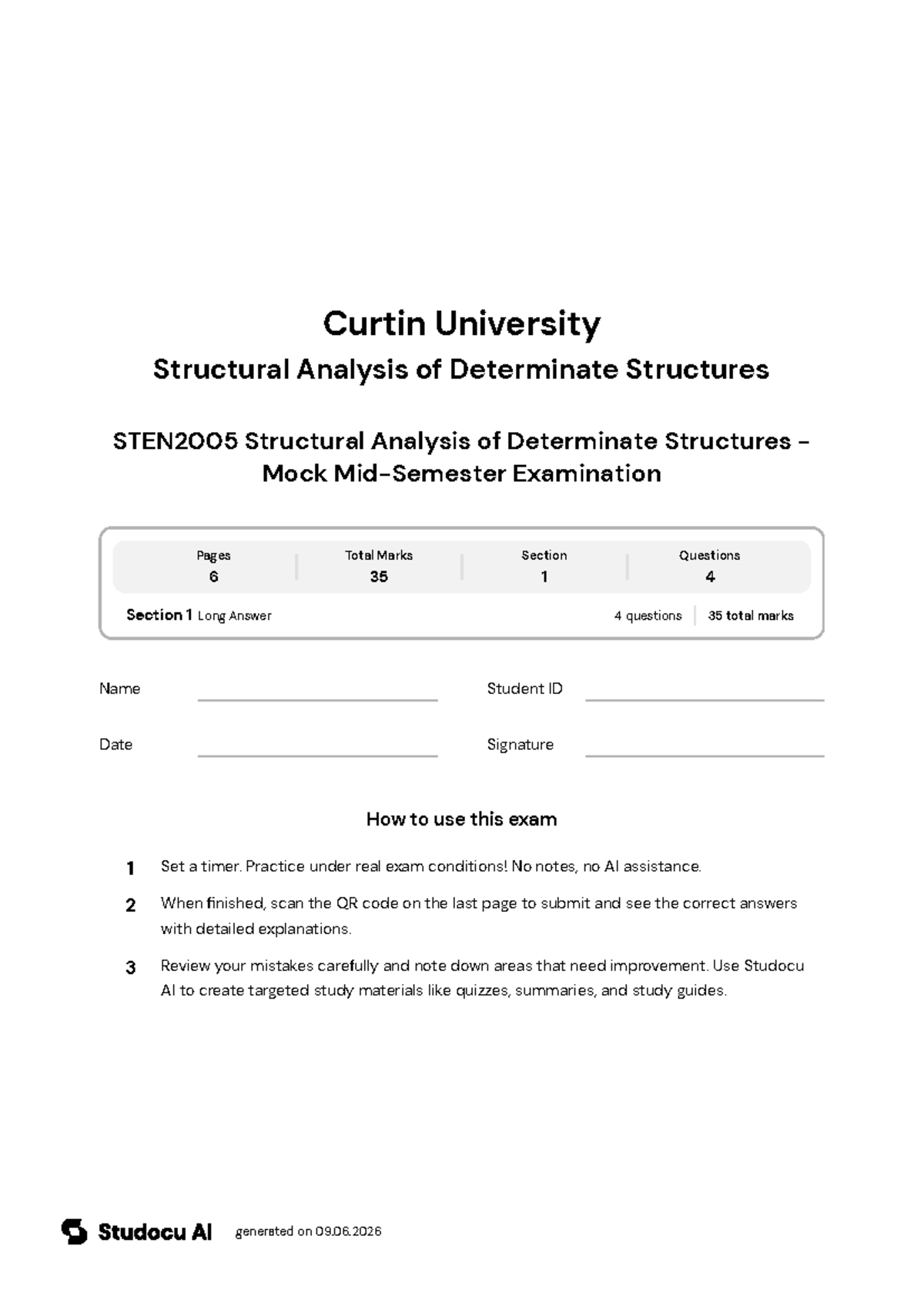 STEN2005 Structural Analysis - Mock Mid-Sem Exam - Studocu