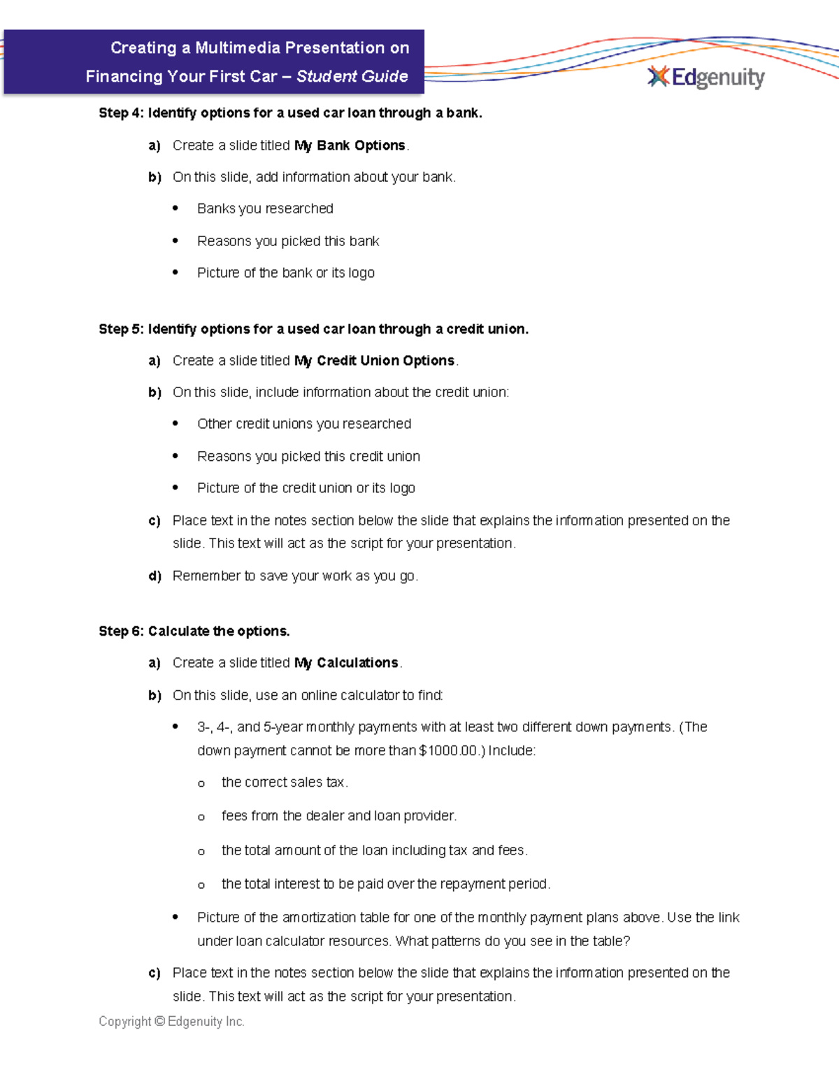 Student Guide: Multimedia Presentation on Financing Your First Car ...
