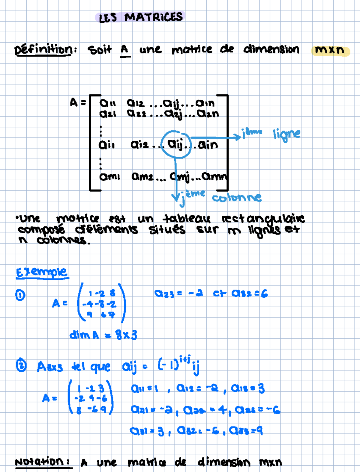 Les Matrices - LES MATRICES Definition soit A une matrice de dimension ...