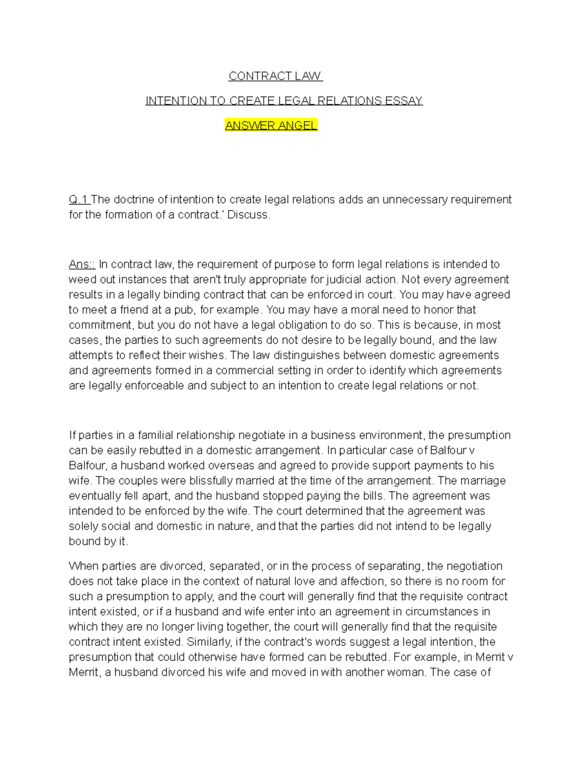 Contract LAW (ITCLR Essay) Exam 2022: Intention to Create Legal ...
