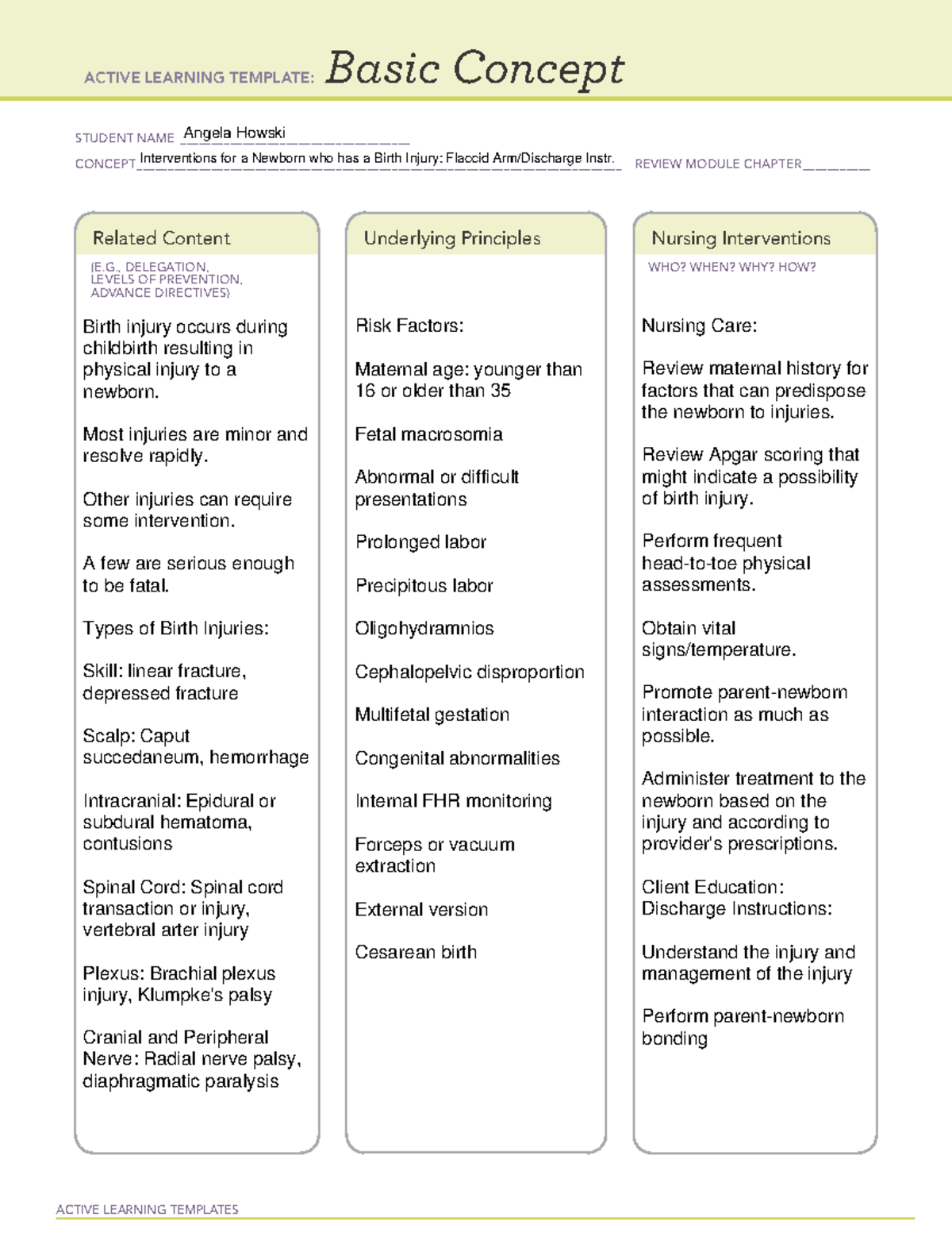 NUR 325 Interventions for Newborn Birth Injury: Flaccid Arm Discharge ...