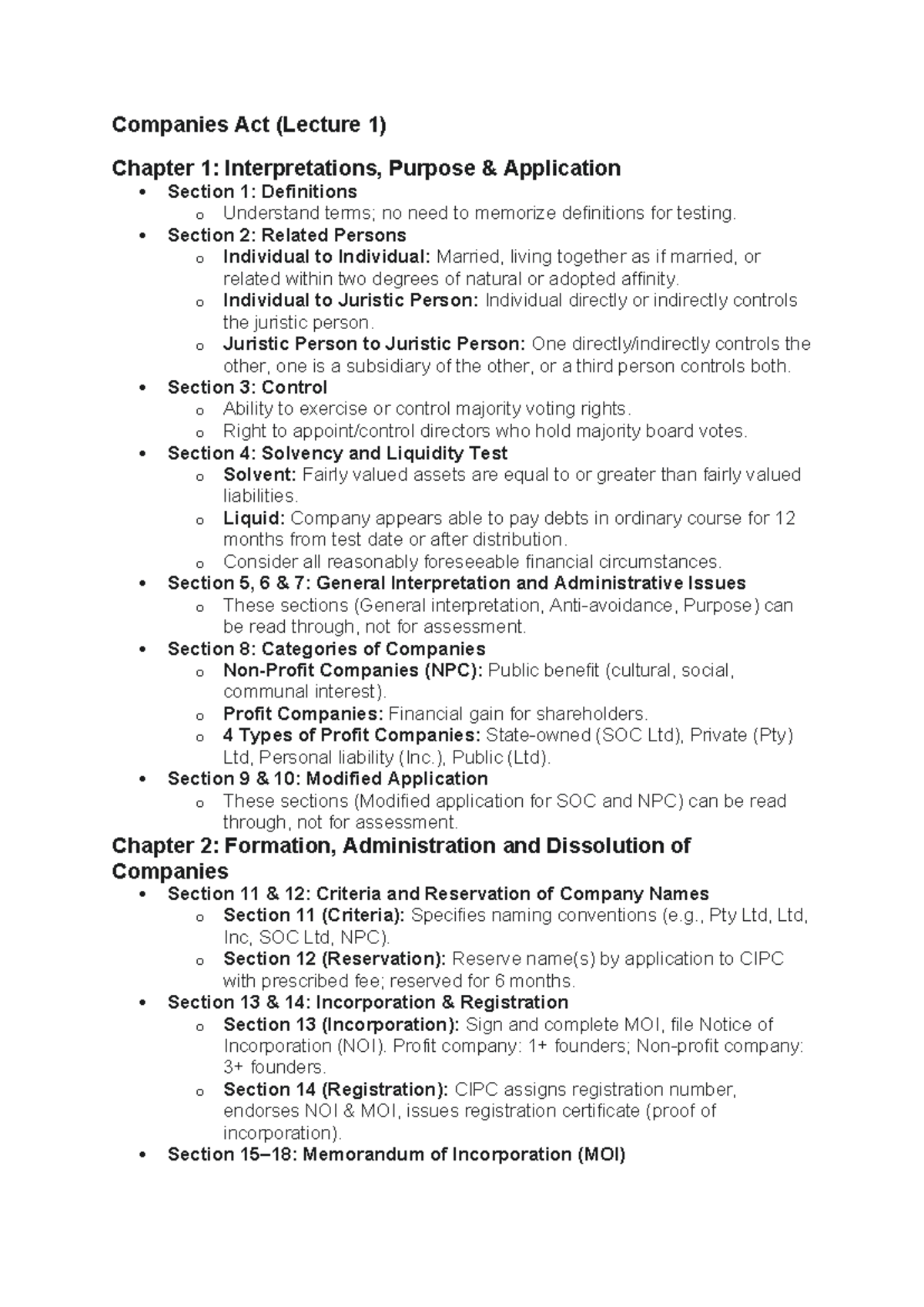 Companies Act (Lecture 1) Summary: Key Definitions & Concepts - Studocu