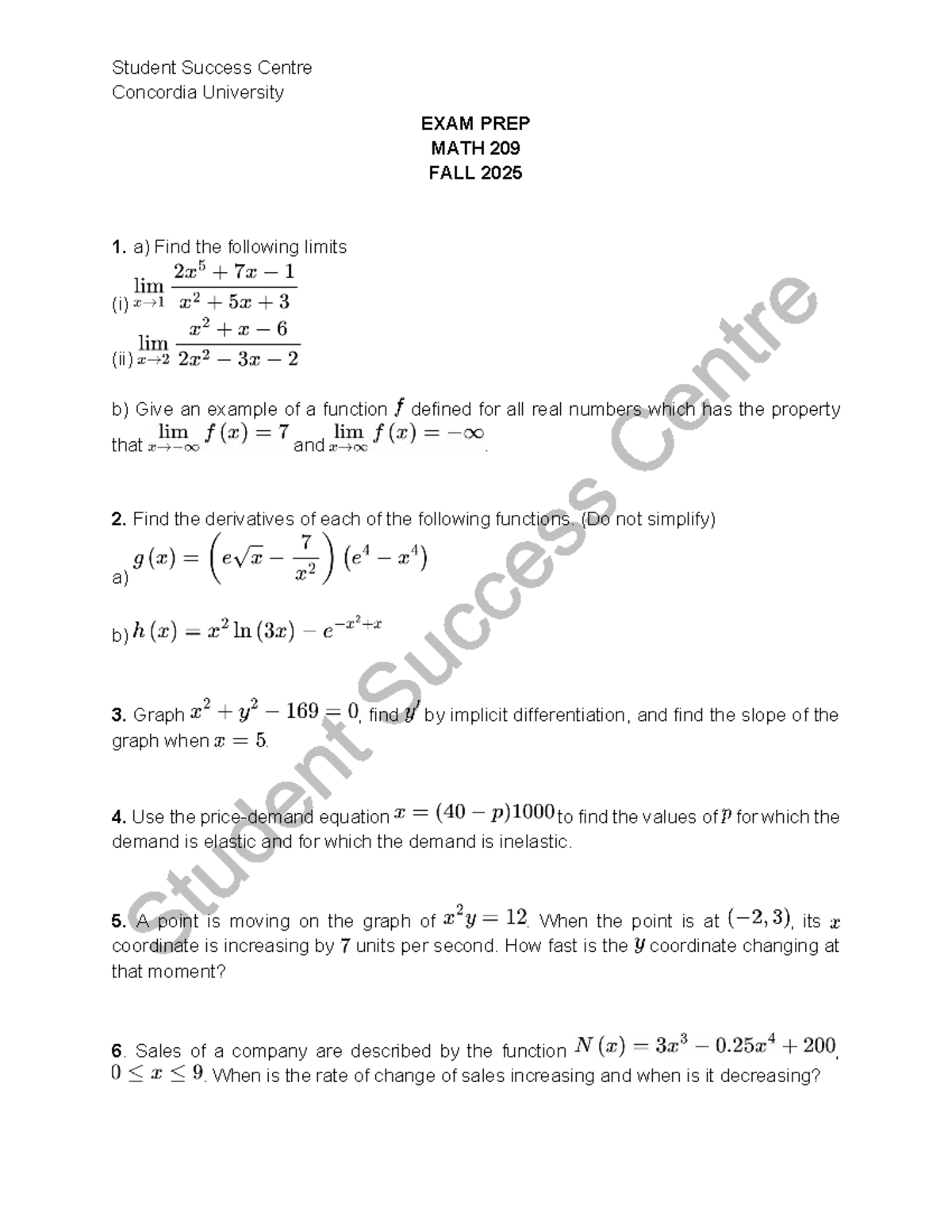 MATH 209 Fall 2025 Exam Prep: Limits, Derivatives, and Graphs - Studocu