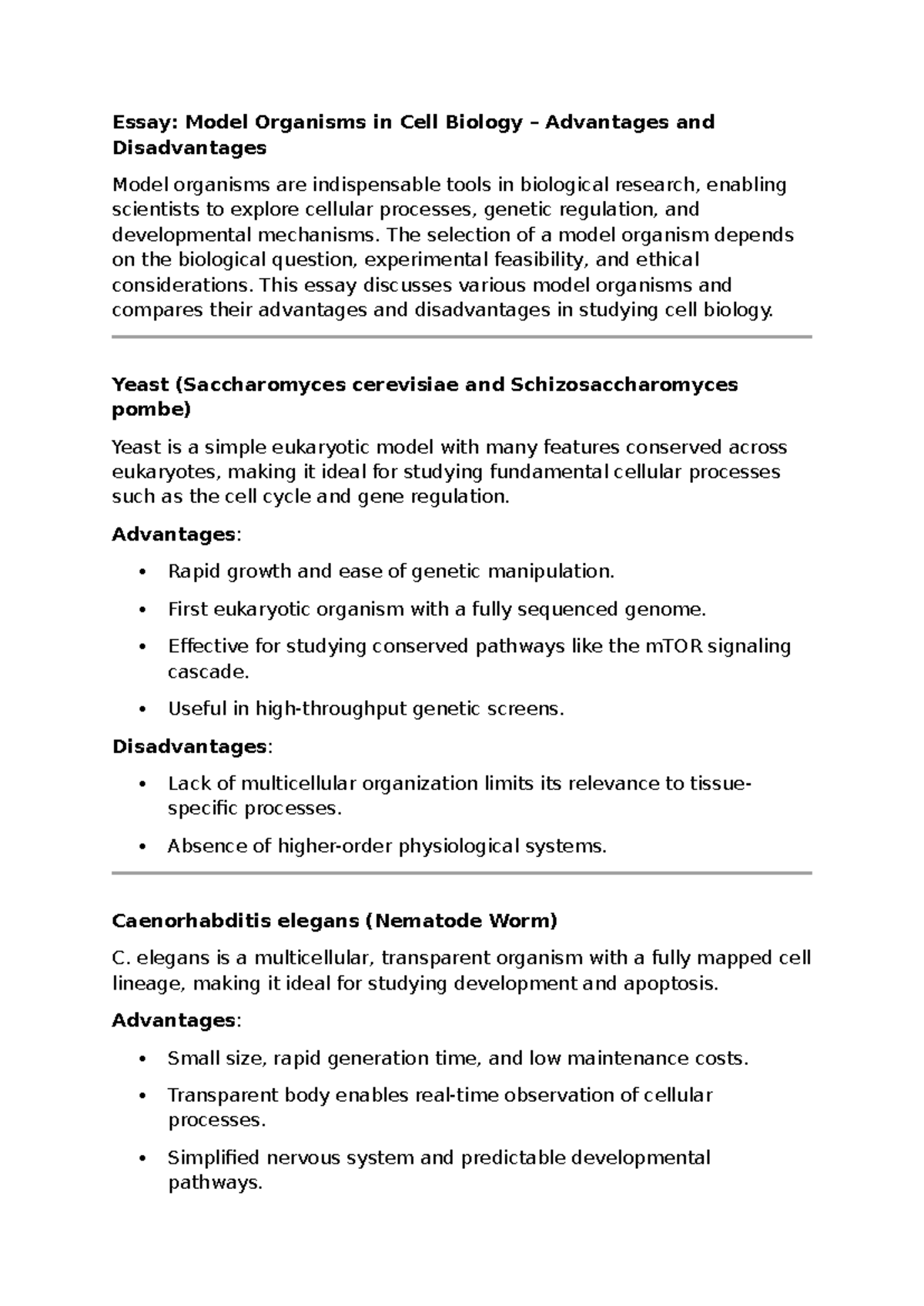 Model organisms for studying cell biology bc4001 - Essay: Model ...