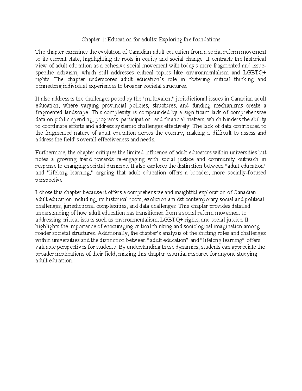 Chapter 1 Summary: Foundations of Canadian Adult Education - Studocu