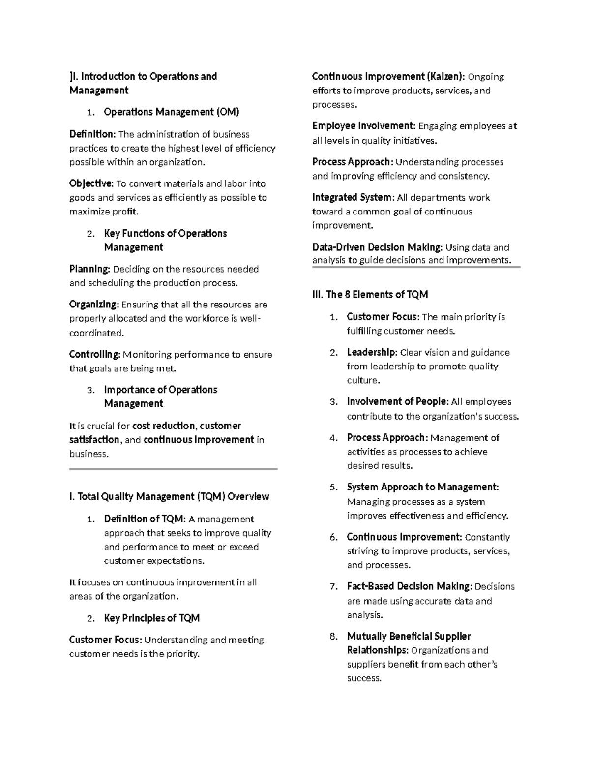 Prelims Reviewer - ]I. Introduction to Operations and Management 1. Operations Management (OM ...