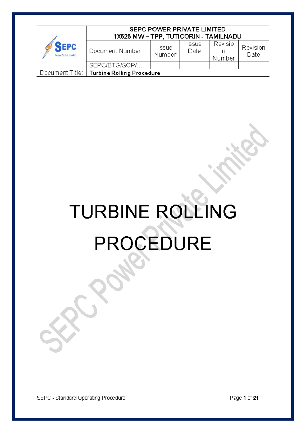 SEPC 1X525 MW TPP Turbine Rolling Procedure SOP for Blackout Management ...