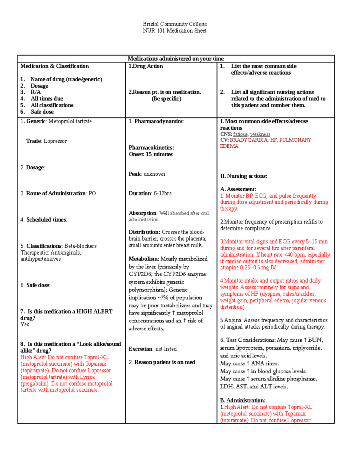 NUR 101 Metoprolol Medication Guide - Important Nursing Insights - Studocu