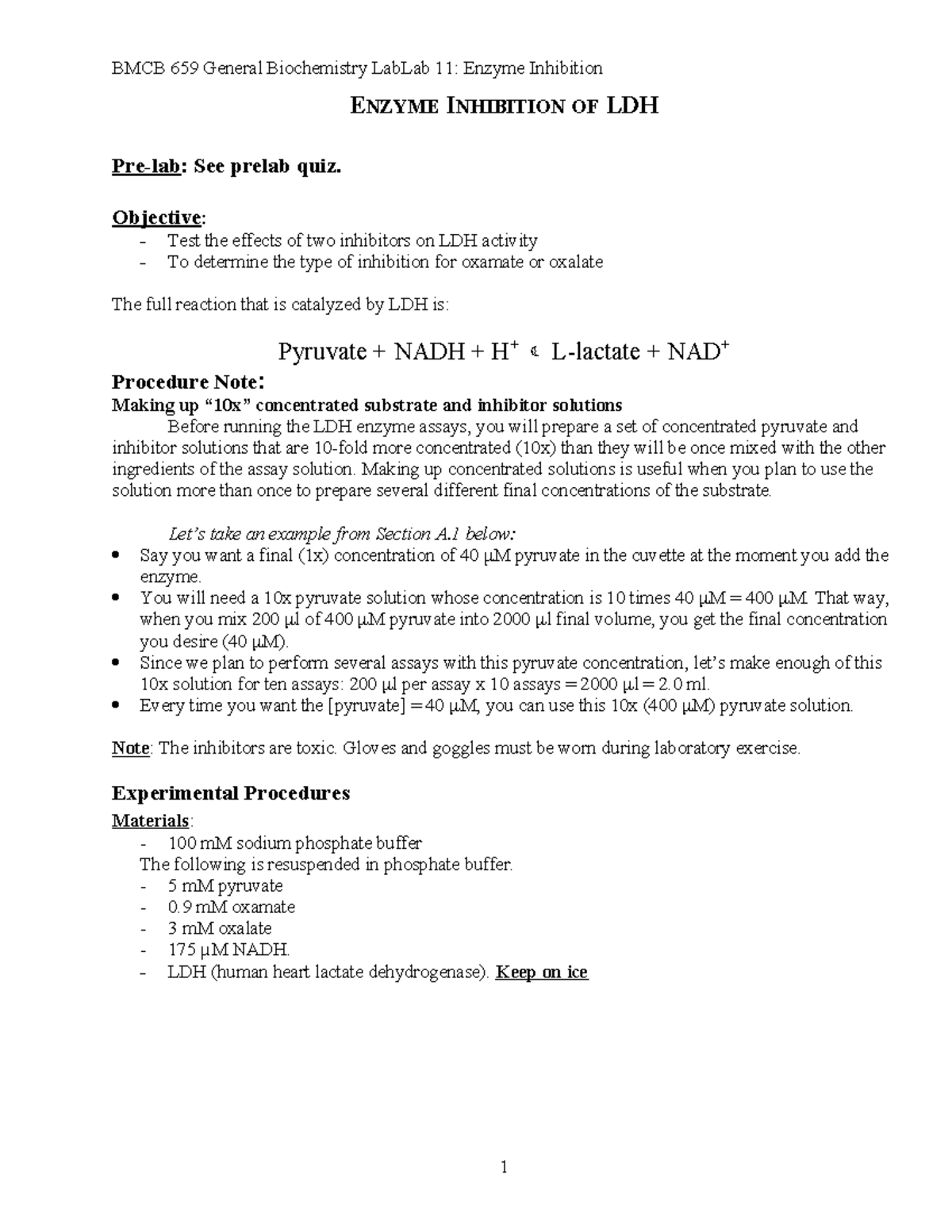 LDH Enzyme Inhibition Lab Protocol - Lab 11 - Studocu