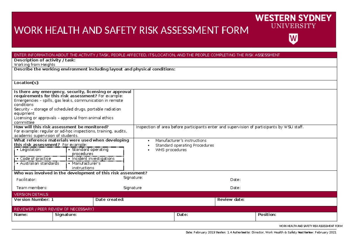 WSU Work Health & Safety Risk Assessment Form for Heights - Studocu