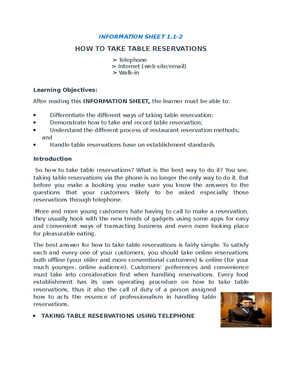 Title: INFO SHEET 1.1-2 Tips for Taking Table Reservations - Studocu